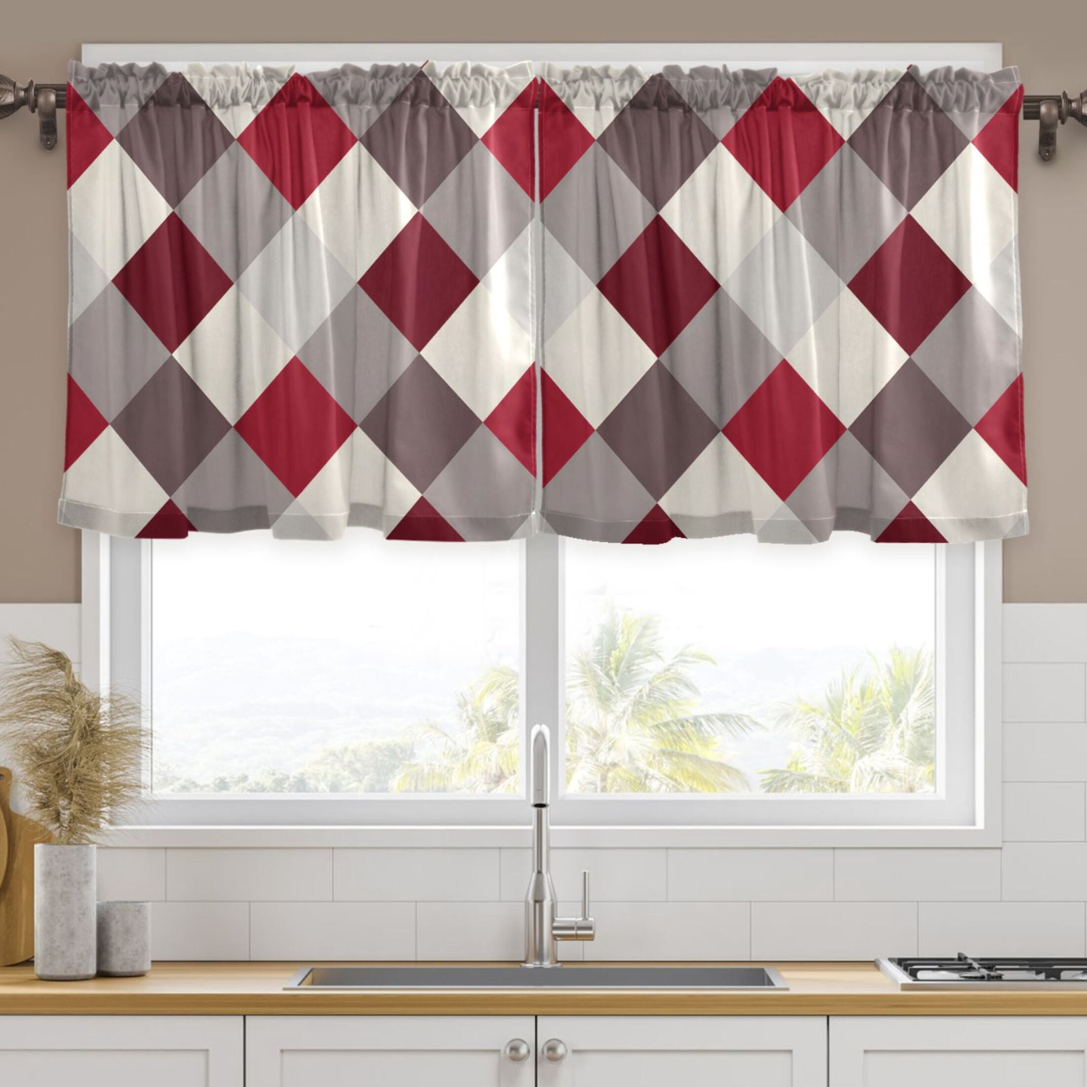 Ryvnso Checkered Grid Pattern Curtains Sets Short Curtain Rod Pocket ...