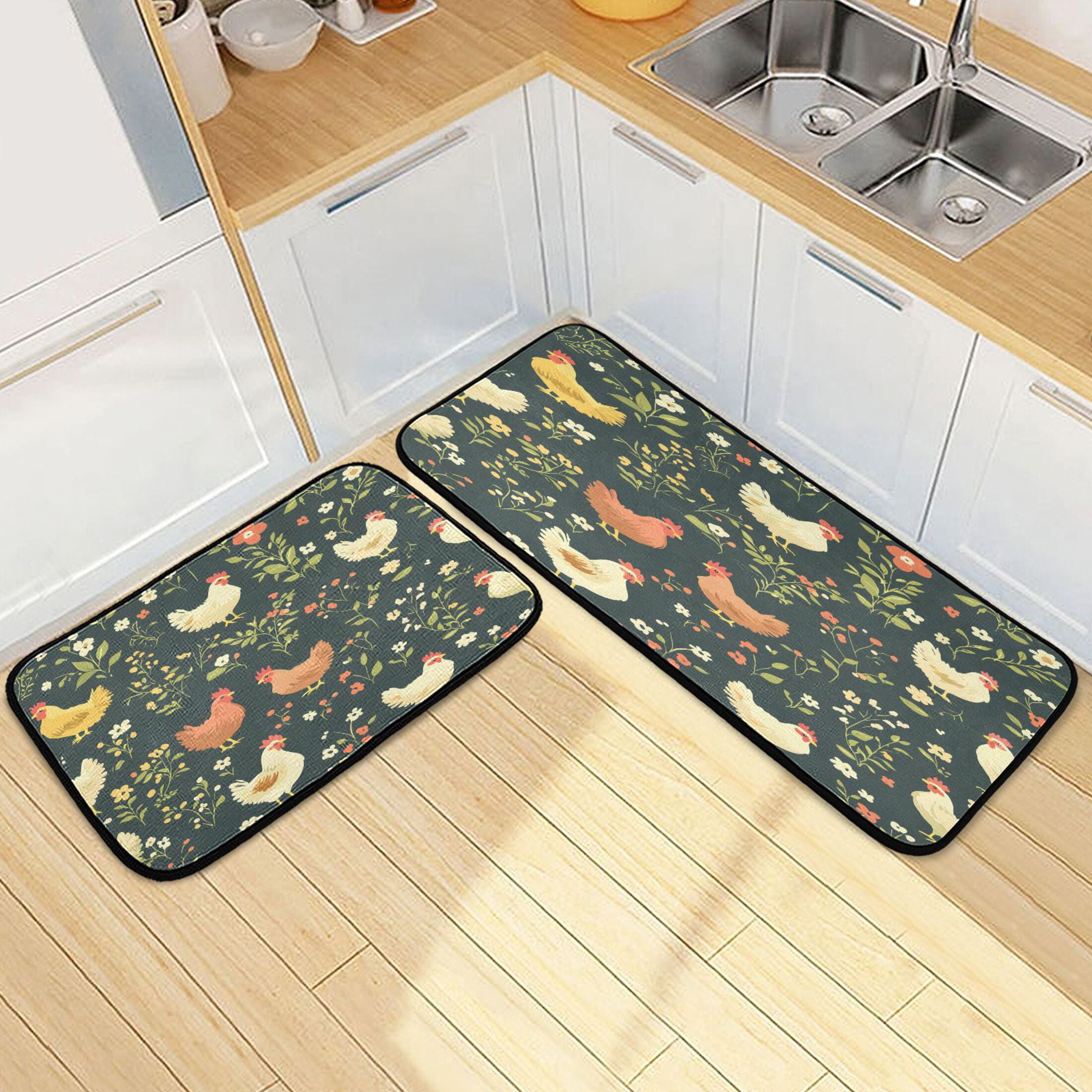 Ryvnso Chicken Flower Kitchen Rugs Set Non Slip Runner Mats for Dining ...