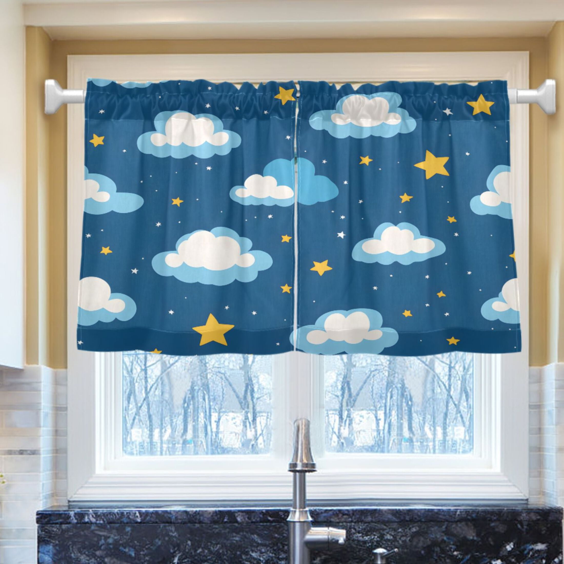 Ryvnso Clouds Stars Half Curtains Sets Tier 2 Panels Short Curtain Rod ...
