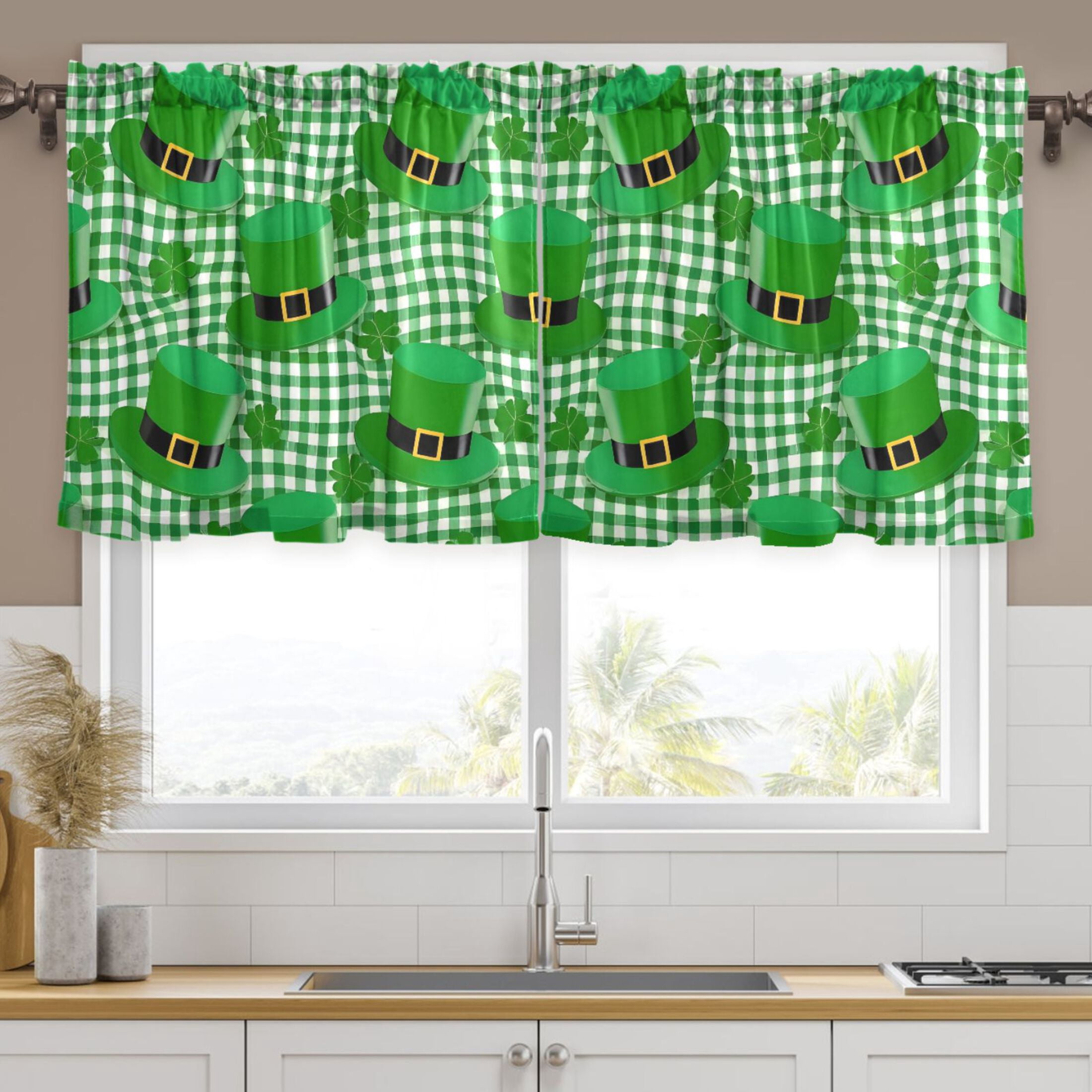 Ryvnso Clover Hats on Checkered Curtains Sets Short Curtain Rod Pocket ...