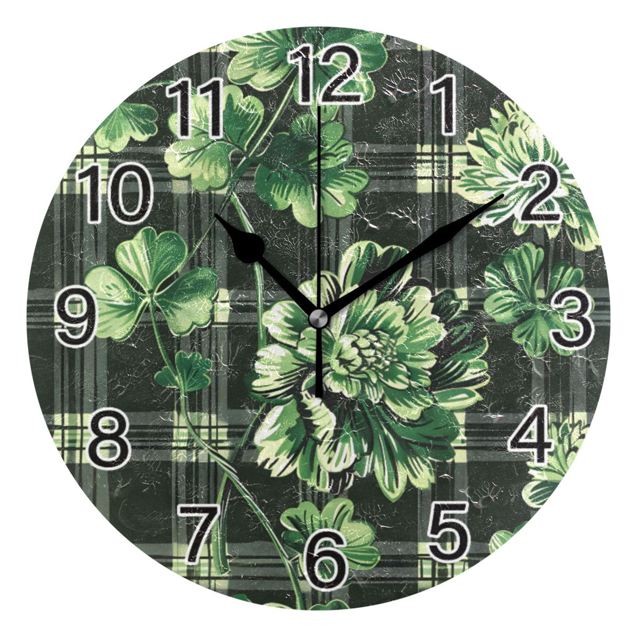 Ryvnso Clover on Checkered Wall Clock Non Ticking Silent Kitchen Clock ...