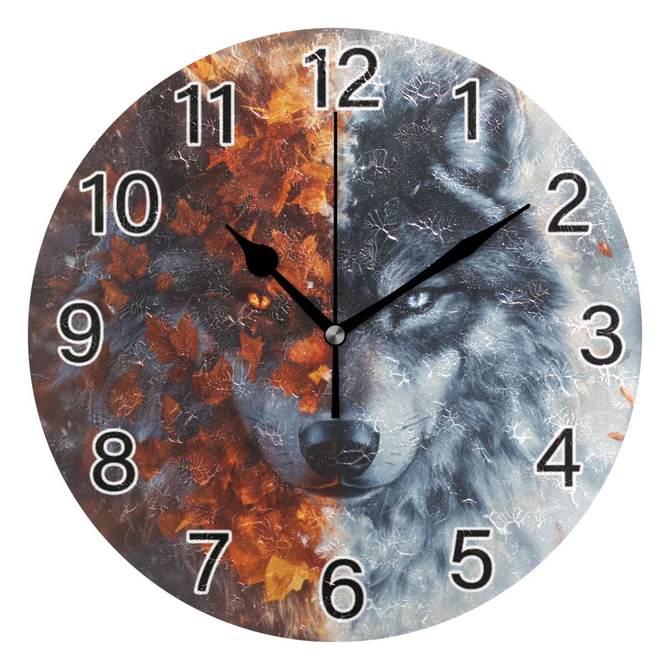 Ryvnso Cool Winter Wolf Wall Clock Non Ticking Silent Kitchen Clock ...