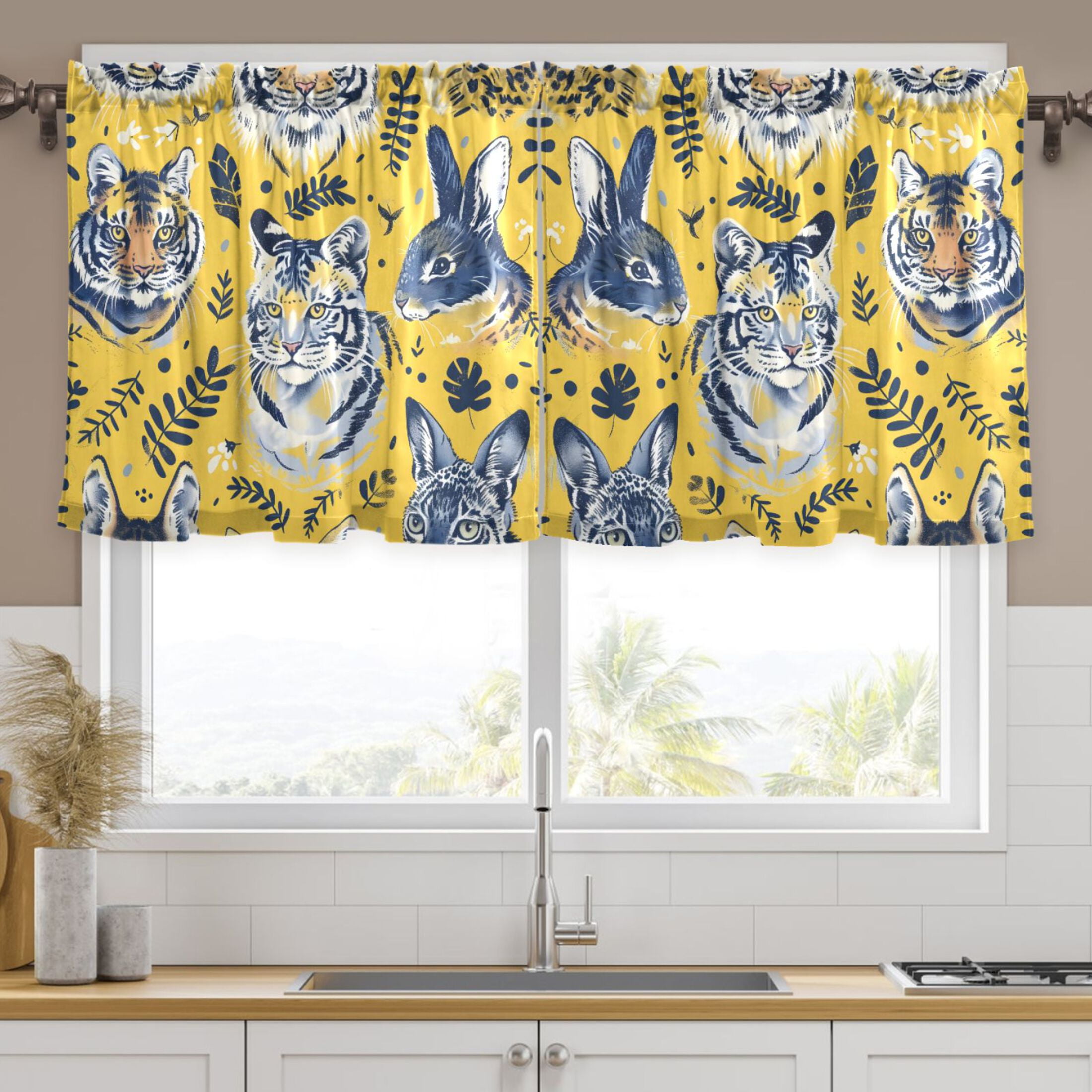Ryvnso Cute Animals Tiger Rabbit Curtains Sets Short Curtain Rod Pocket ...