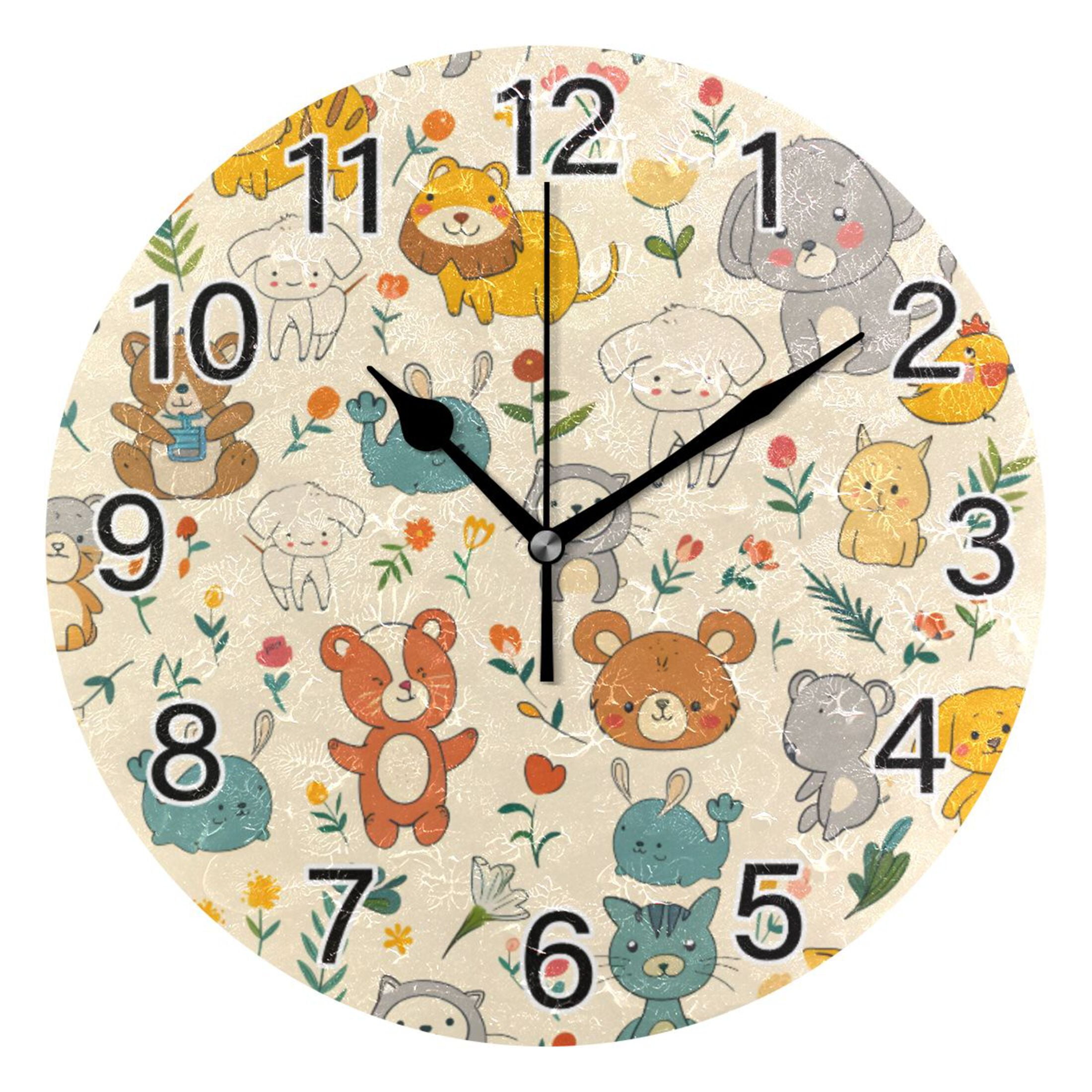 Ryvnso Cute Bear Dogs Animal Wall Clock Non Ticking Silent Kitchen ...