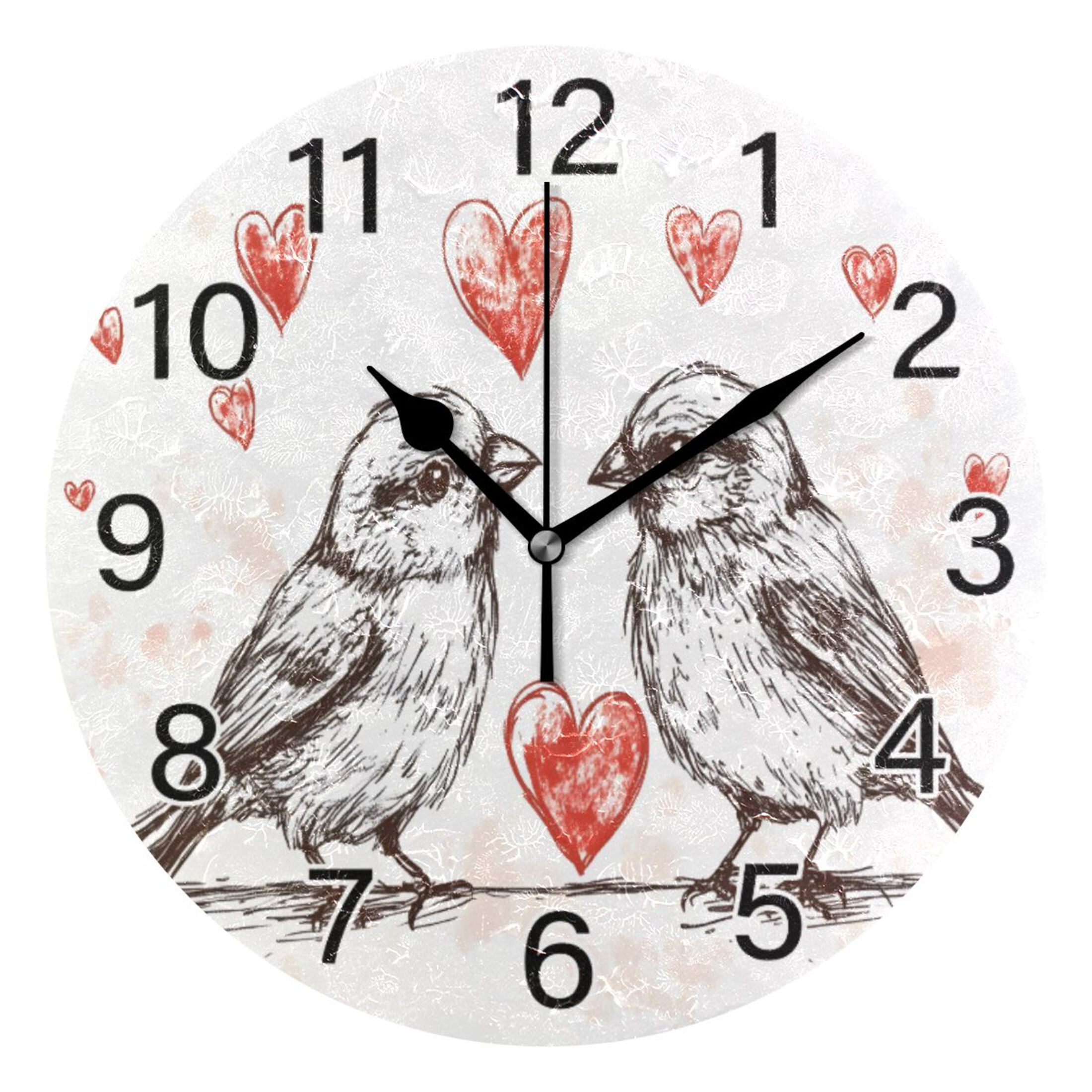 Ryvnso Cute Birds Couple Hearts Wall Clock Non Ticking Silent Kitchen Clock Battery Operated ...