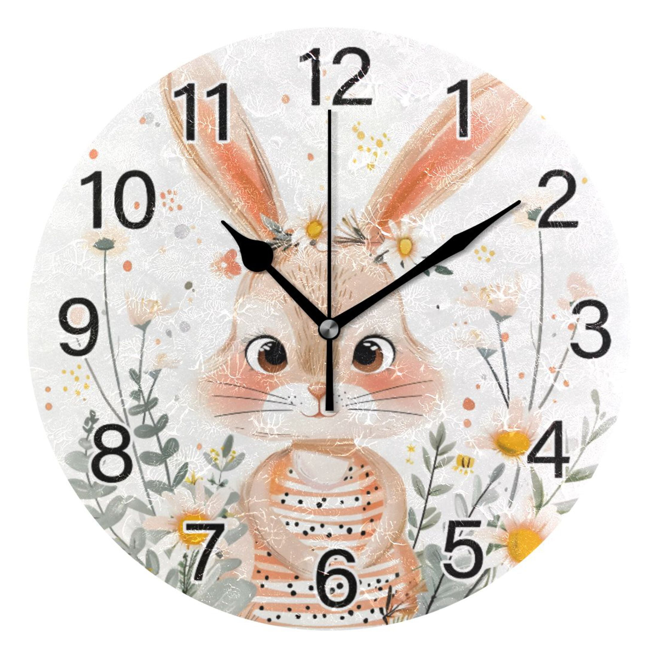 Ryvnso Cute Bunny Wall Clock Non Ticking Silent Kitchen Clock Battery ...