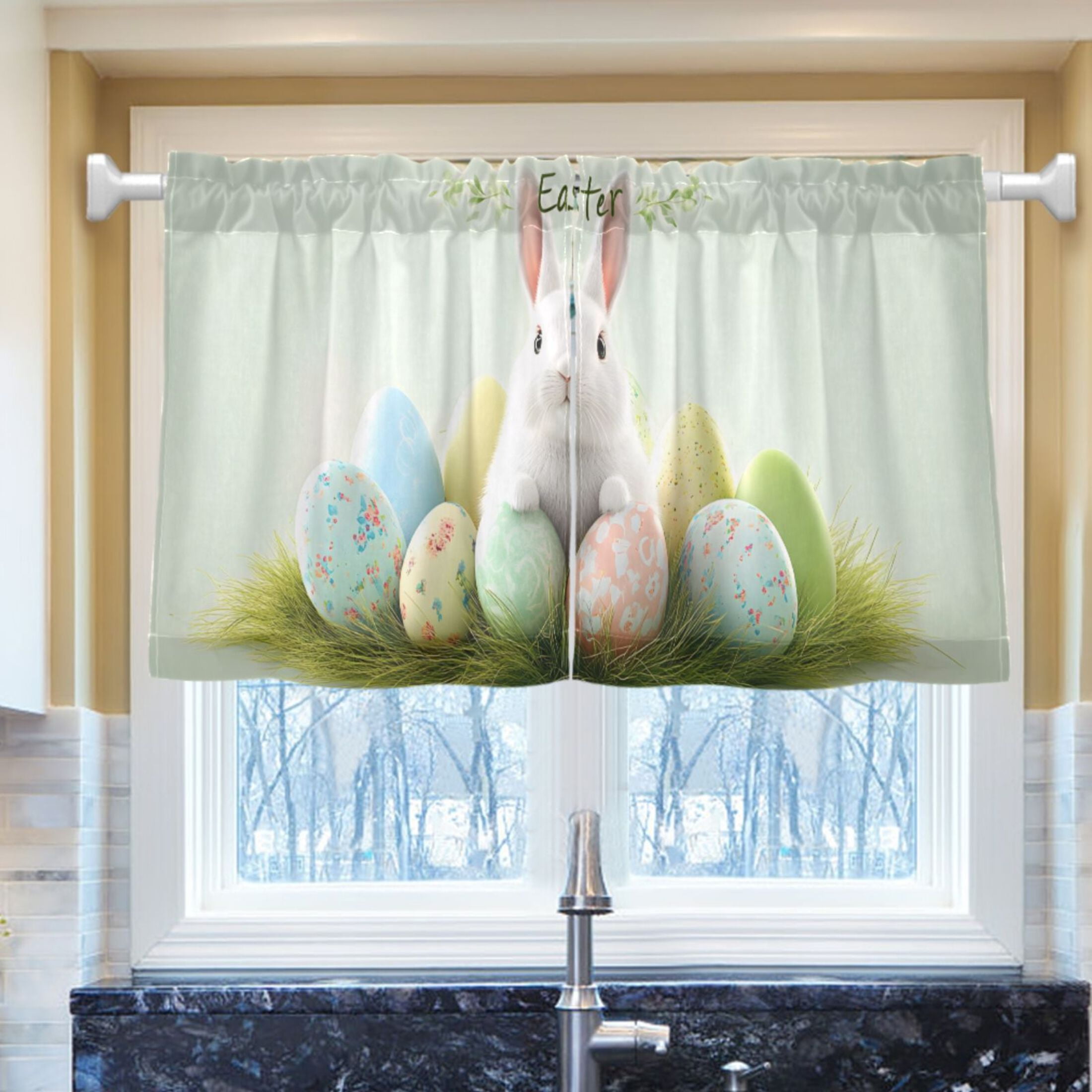 Ryvnso Cute Bunny and Eggs Half Curtains Sets Tier 2 Panels Short ...