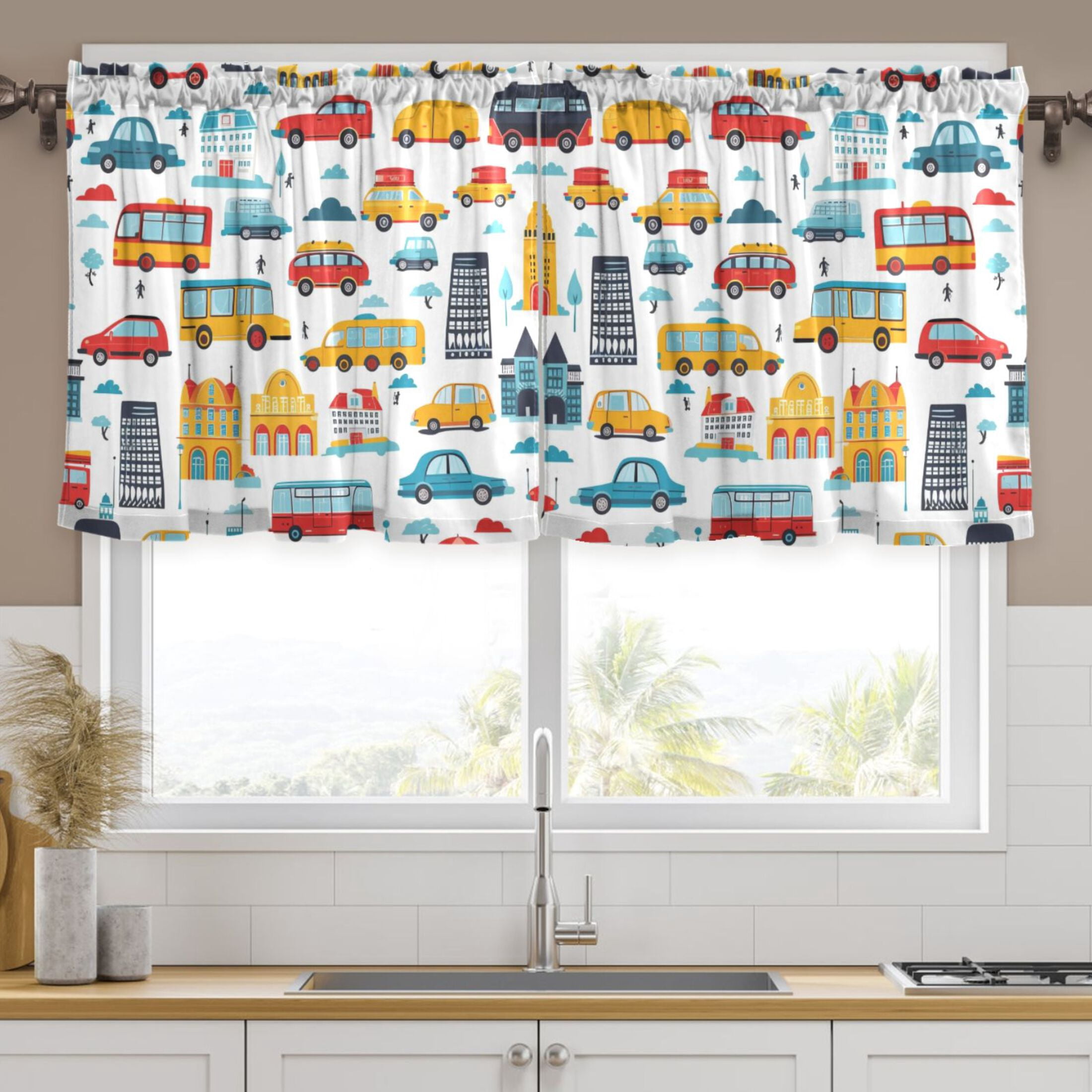 Ryvnso Cute Cartoon Buses Car Curtains Sets Short Curtain Rod Pocket ...