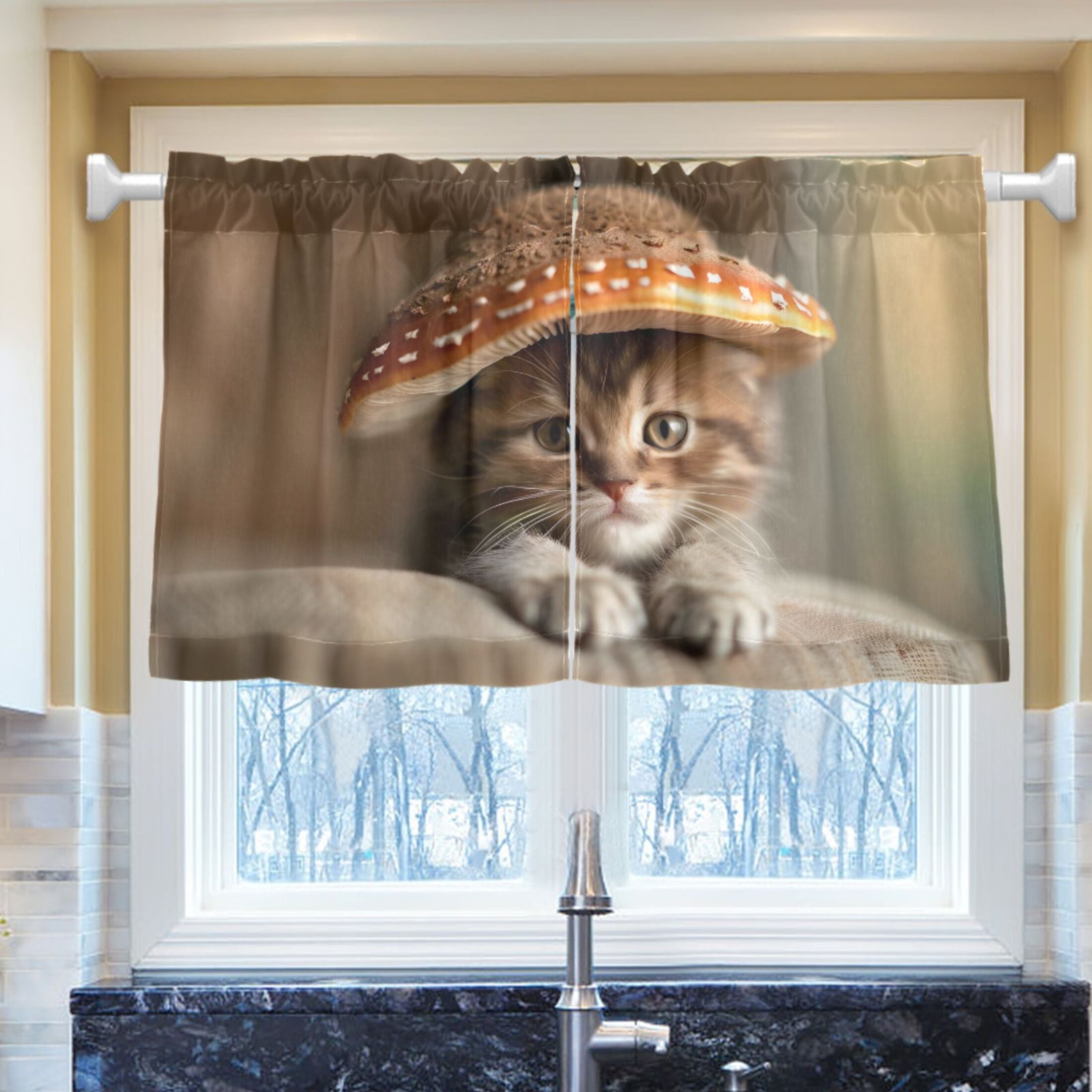 Ryvnso Cute Cat with Mushroom Hat Half Curtains Sets Tier 2 Panels ...