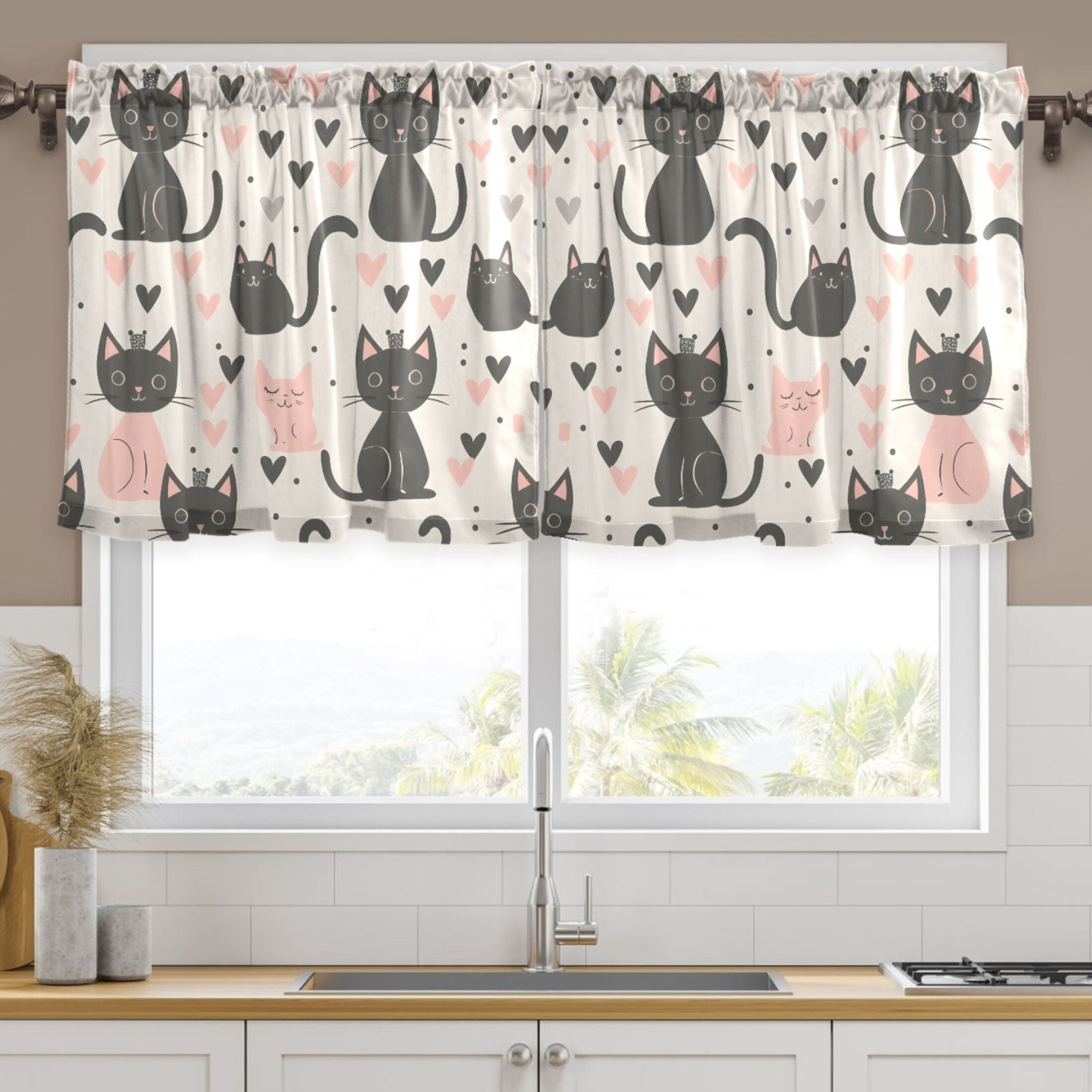 Ryvnso Cute Cats and Heart Curtains Sets Short Curtain Rod Pocket Half ...