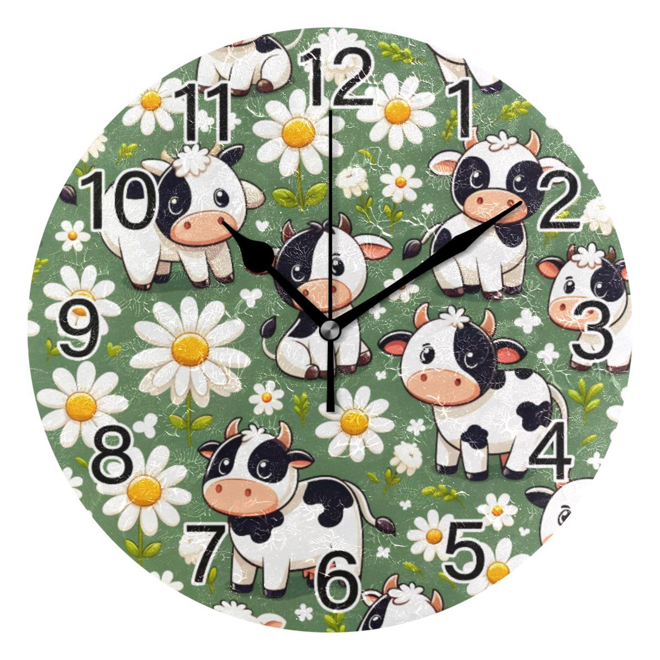 Ryvnso Cute Cow and Daisy Flower Wall Clock Non Ticking Silent Kitchen ...