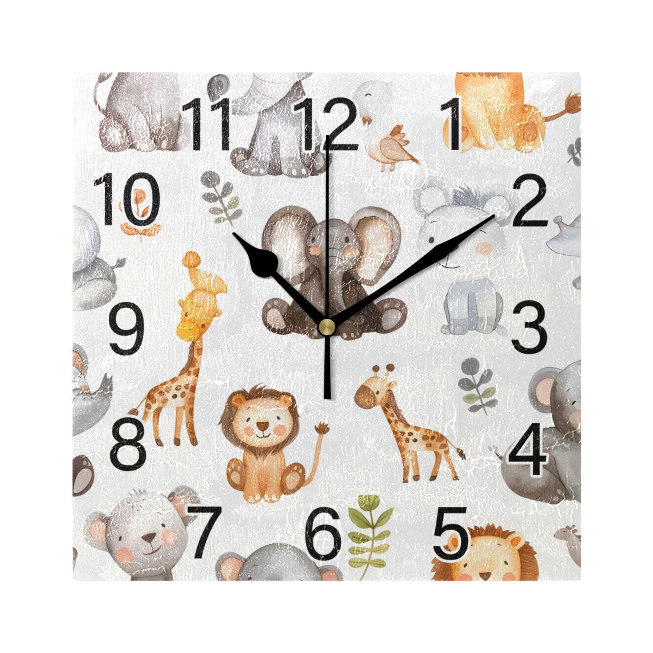 Ryvnso Cute Elephant Zoo Wall Clock Square Silent Non-Ticking Battery ...