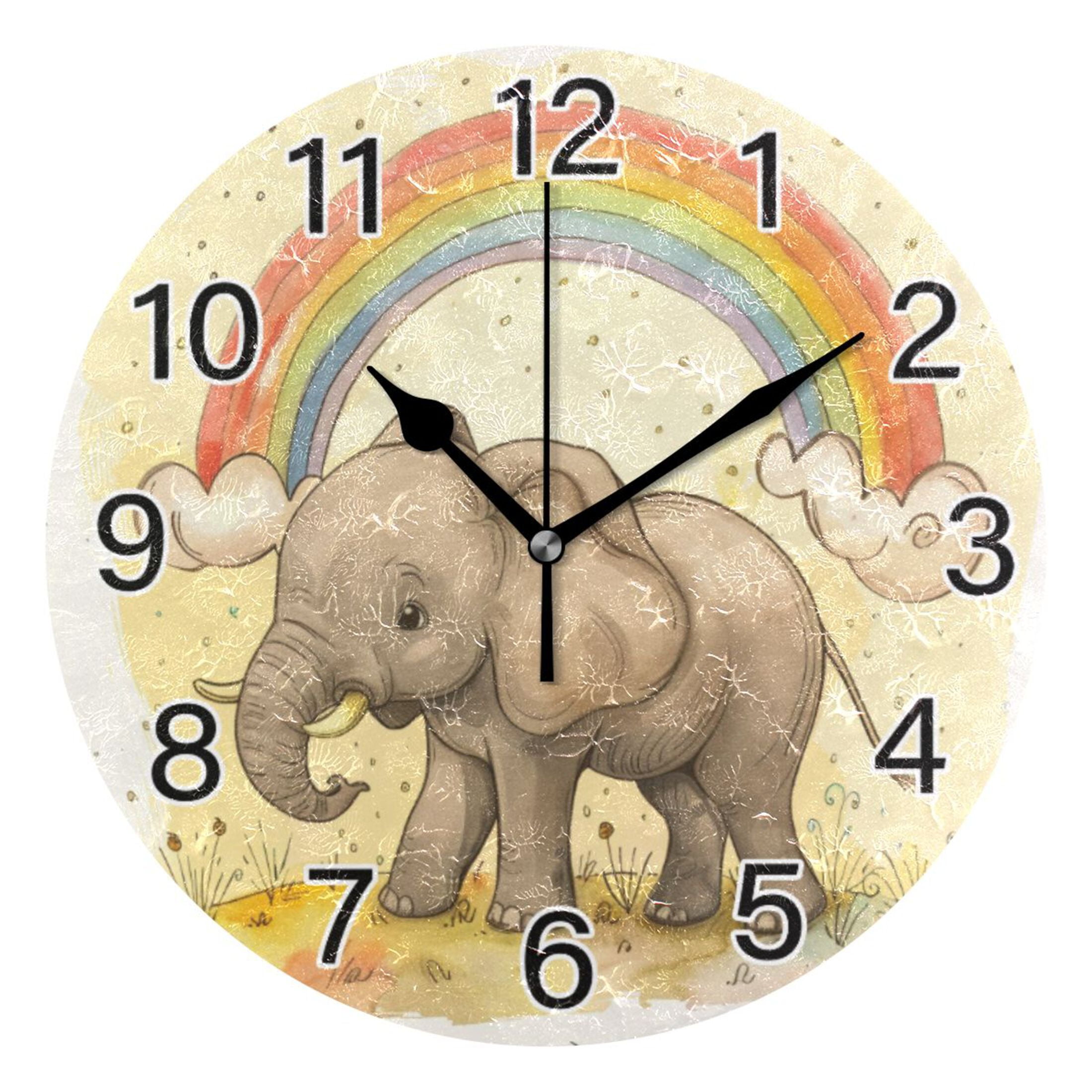 Ryvnso Cute Elephant with Rainbow Wall Clock Non Ticking Silent Kitchen Clock Battery Operated ...