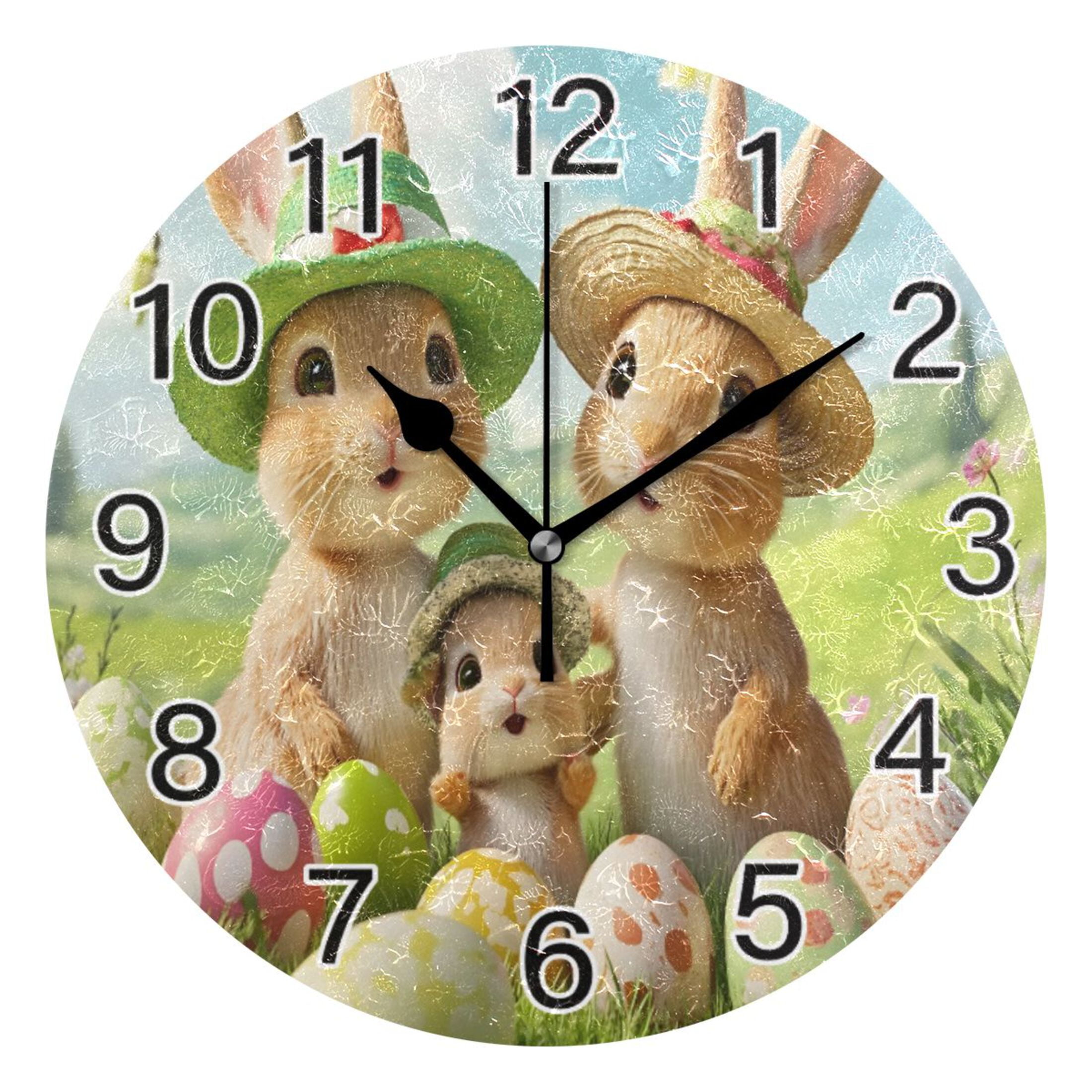 Ryvnso Cute Esater Bunny Family Wall Clock Non Ticking Silent Kitchen ...