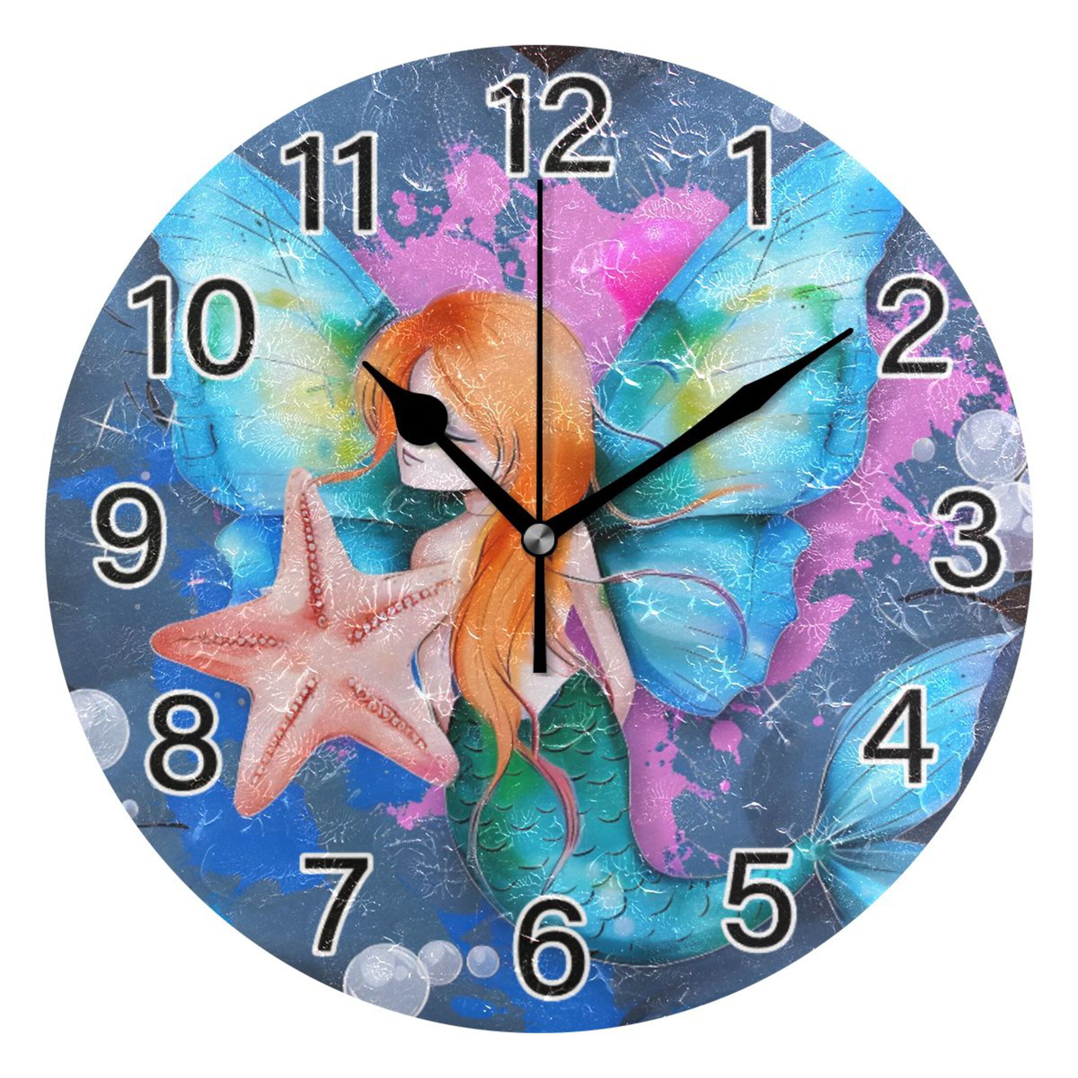 Ryvnso Cute Mermaid Girl Wall Clock Non Ticking Silent Kitchen Clock ...