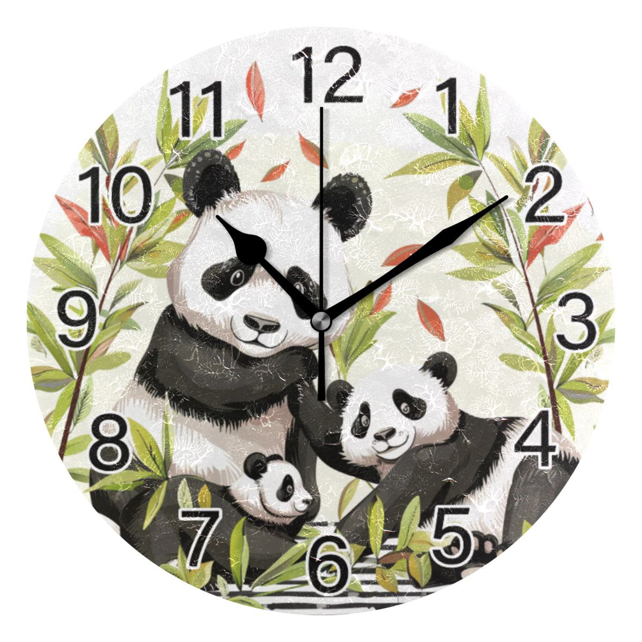 Ryvnso Cute Panda Family Leaves Wall Clock Non Ticking Silent Kitchen ...