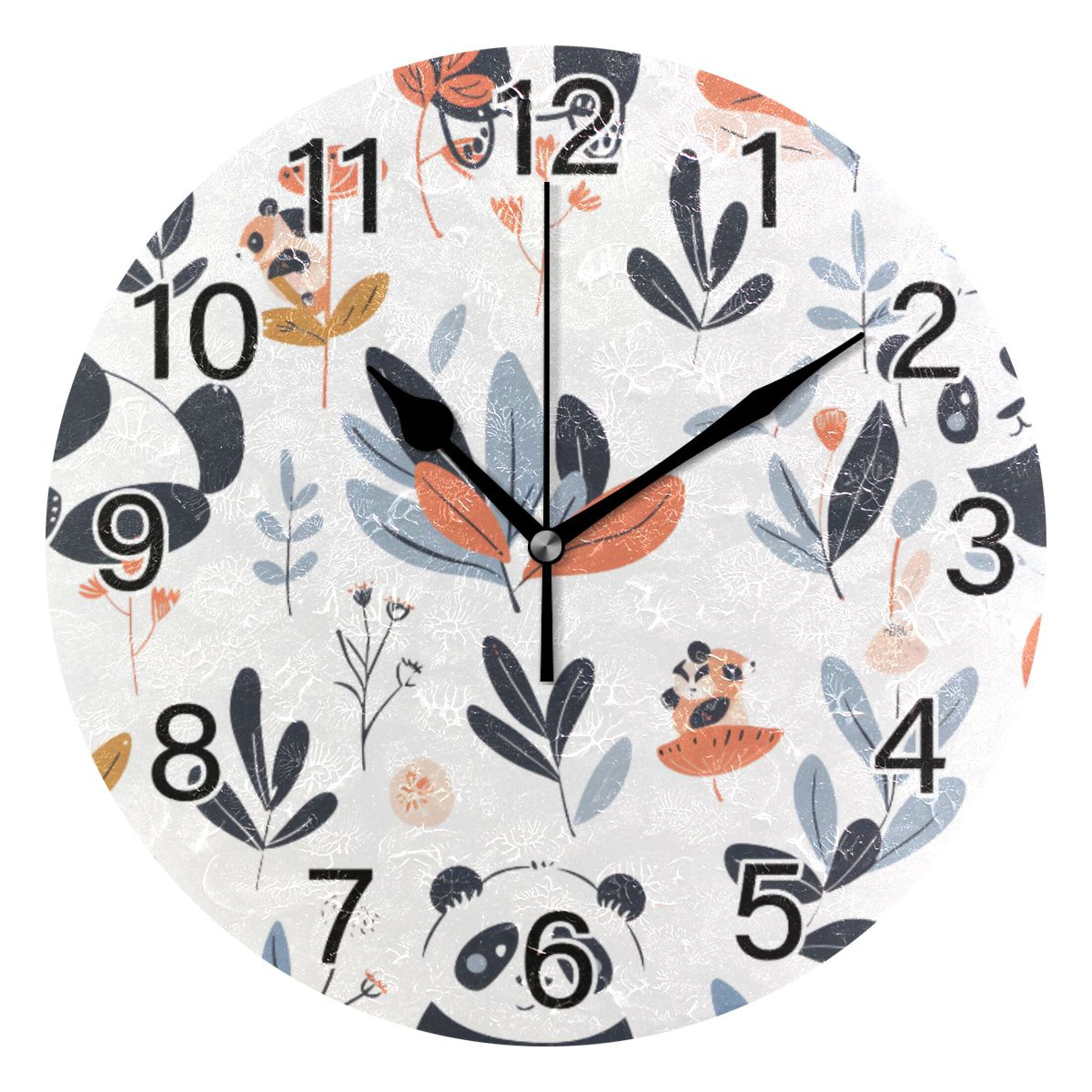 Ryvnso Cute Panda and Grass Wall Clock Non Ticking Silent Kitchen Clock ...