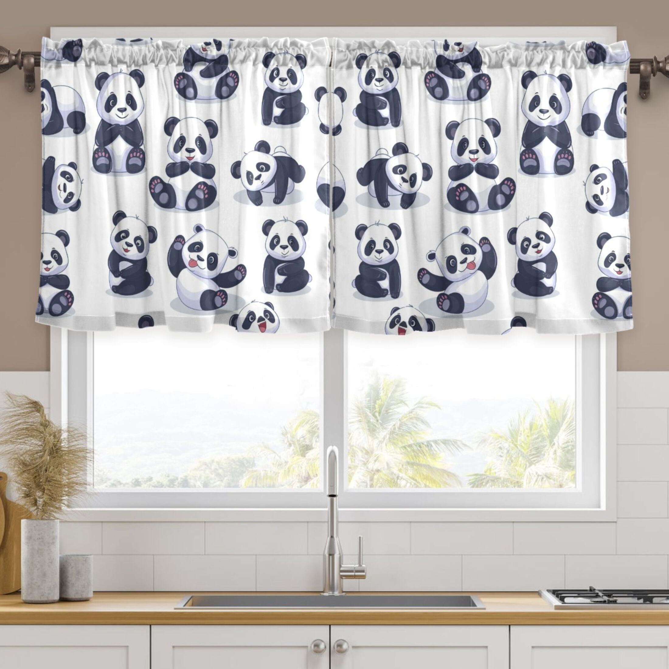 Ryvnso Cute Pandas Cartoon Curtains Sets Short Curtain Rod Pocket Half ...