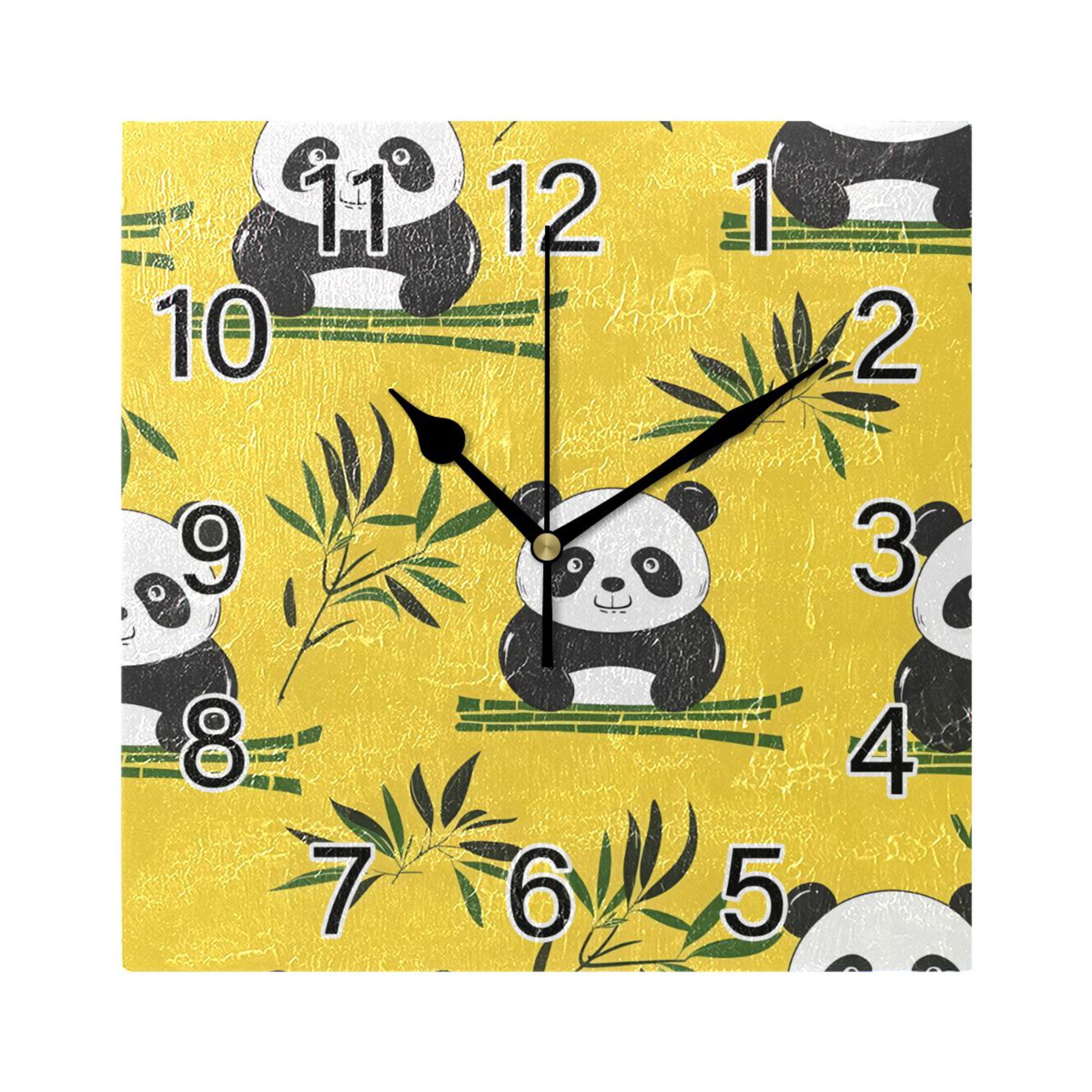 Ryvnso Cute Pandas Wall Clock Square Silent Non-Ticking Battery ...