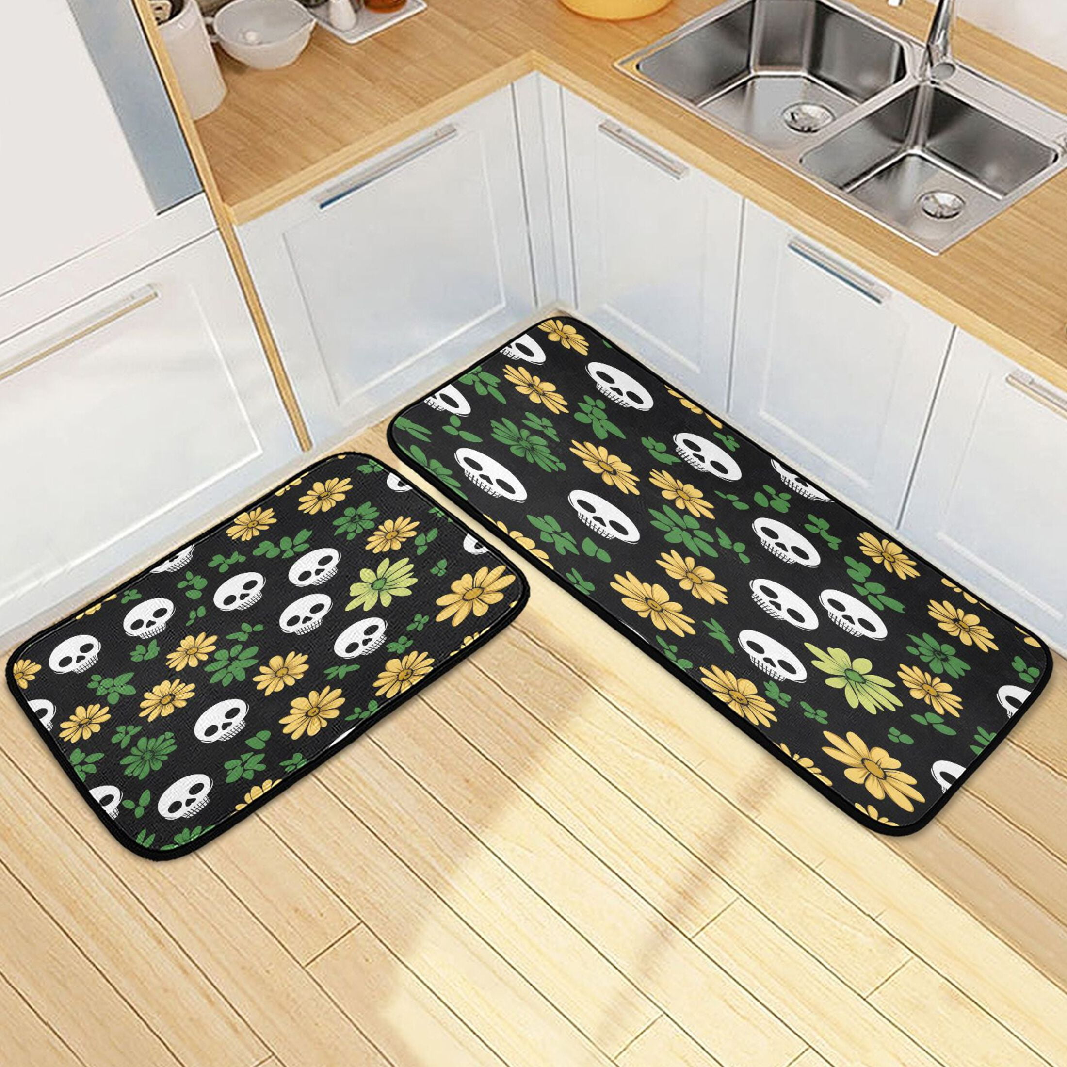 Ryvnso Cute Skull in Floral Kitchen Rugs Set Non Slip Runner Mats for ...