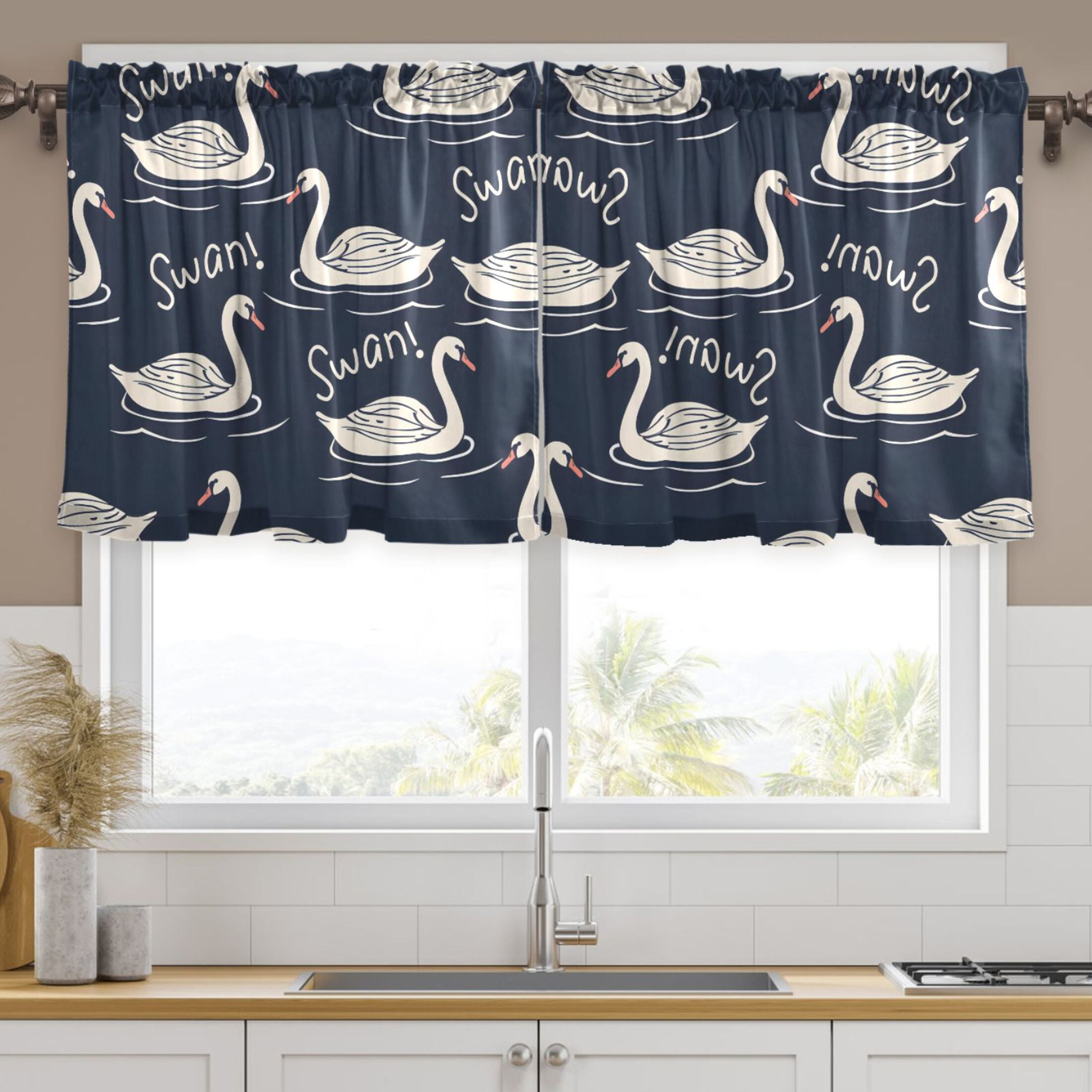 Ryvnso Cute Swans Curtains Sets Short Curtain Rod Pocket Half Window ...