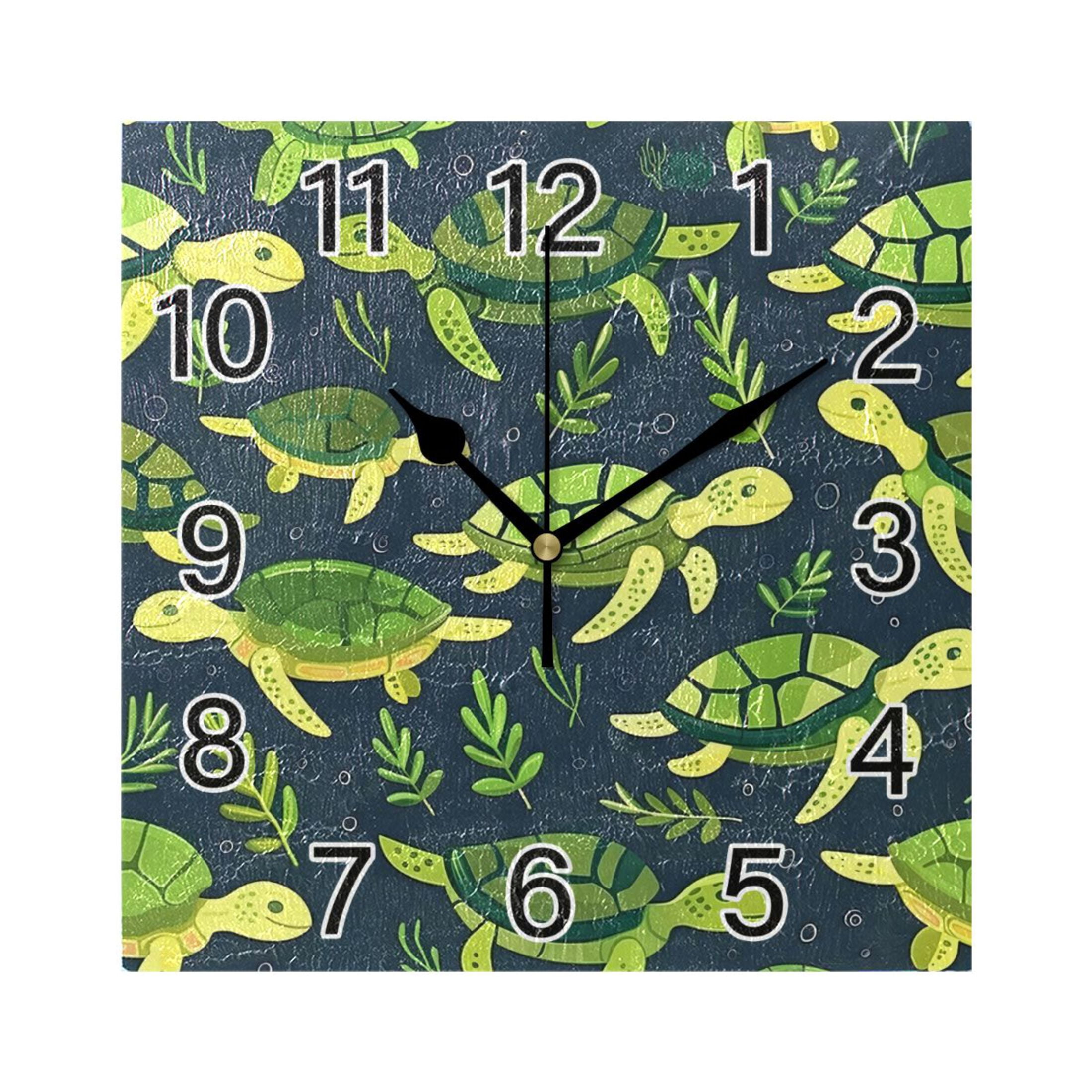 Ryvnso Cute Turtles Seaweed Leaf Wall Clock Square Silent Non-Ticking ...