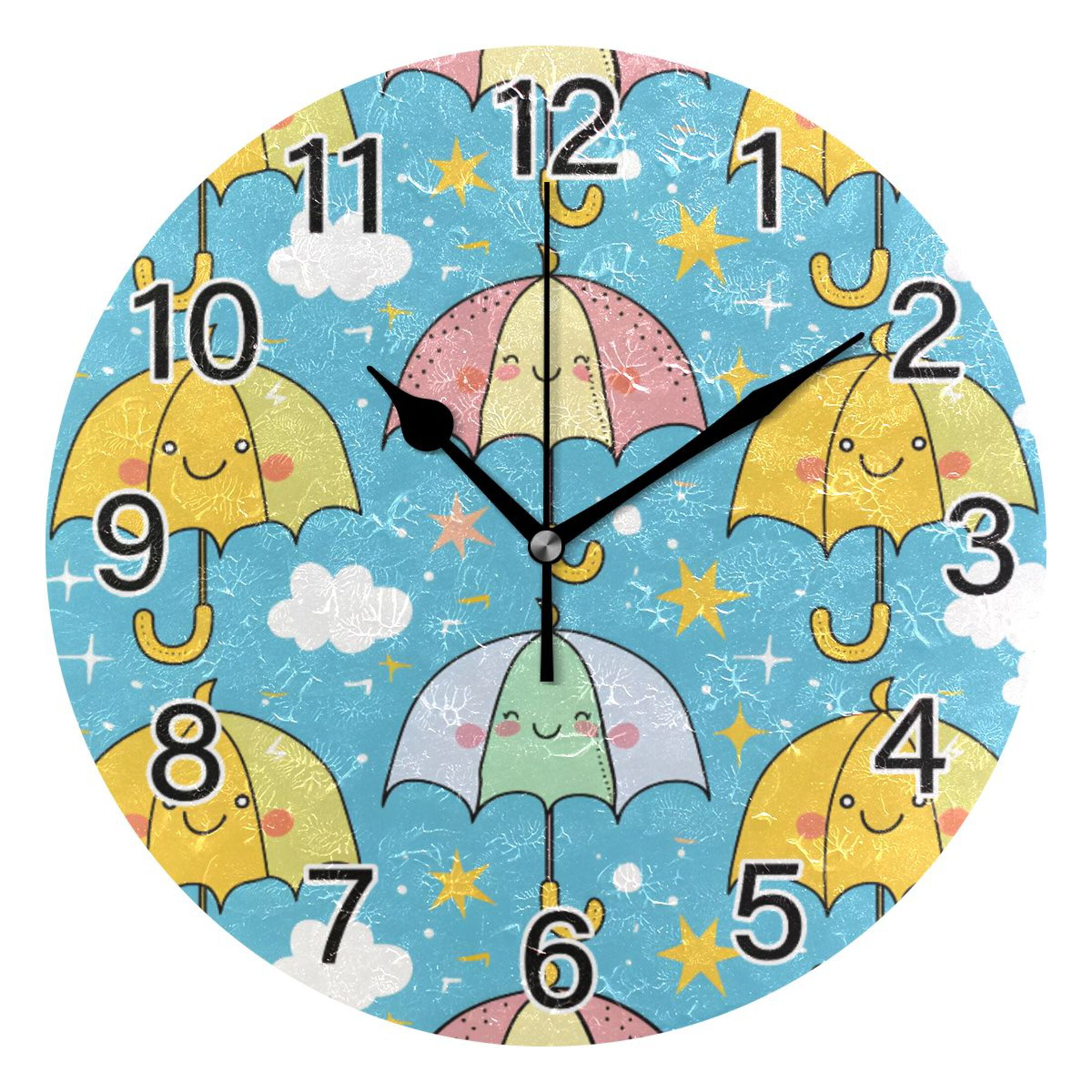 Ryvnso Cute Umbrella and Clouds Wall Clock Non Ticking Silent Kitchen ...