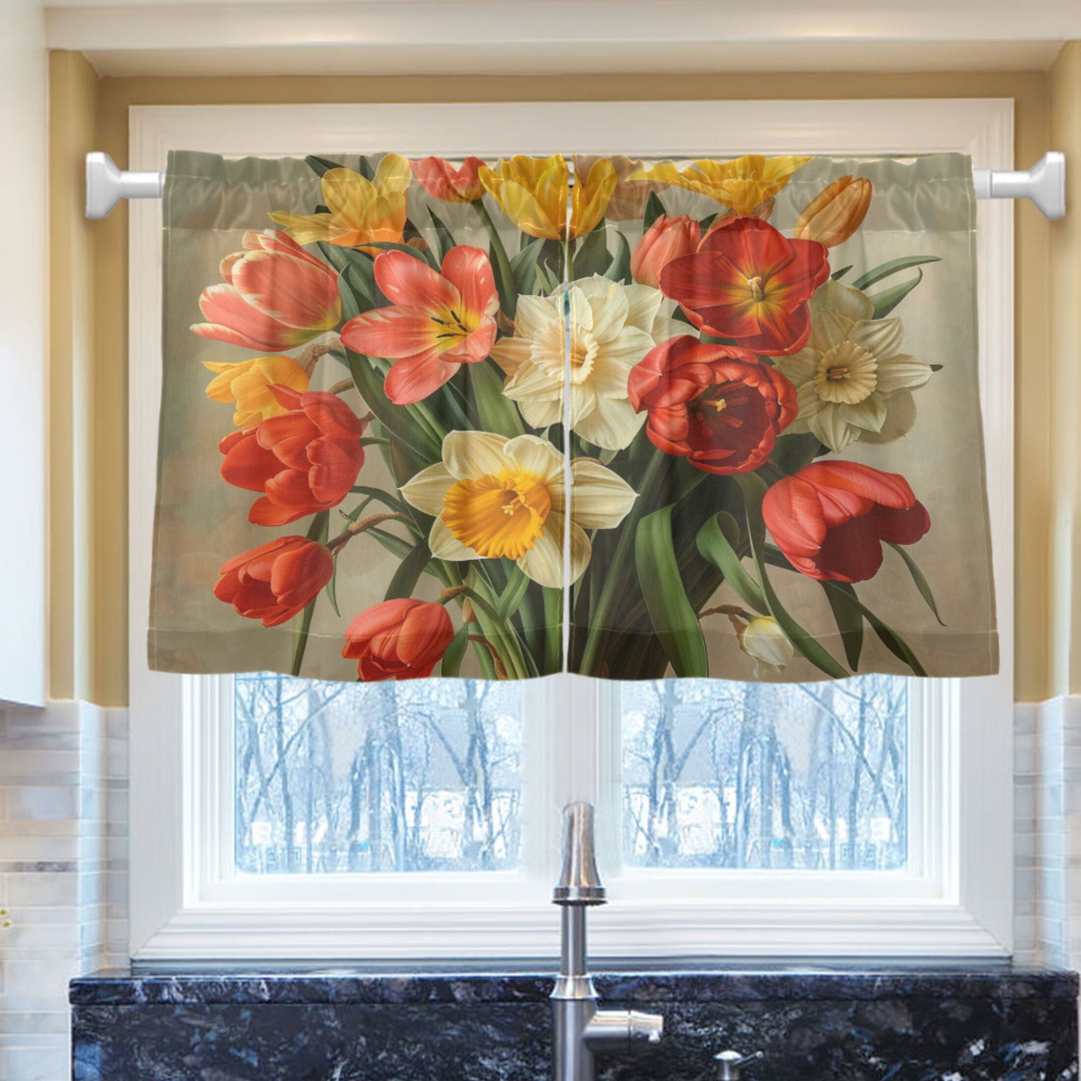Ryvnso Daffodils and Tulips Flowers Half Curtains Sets Tier 2 Panels ...