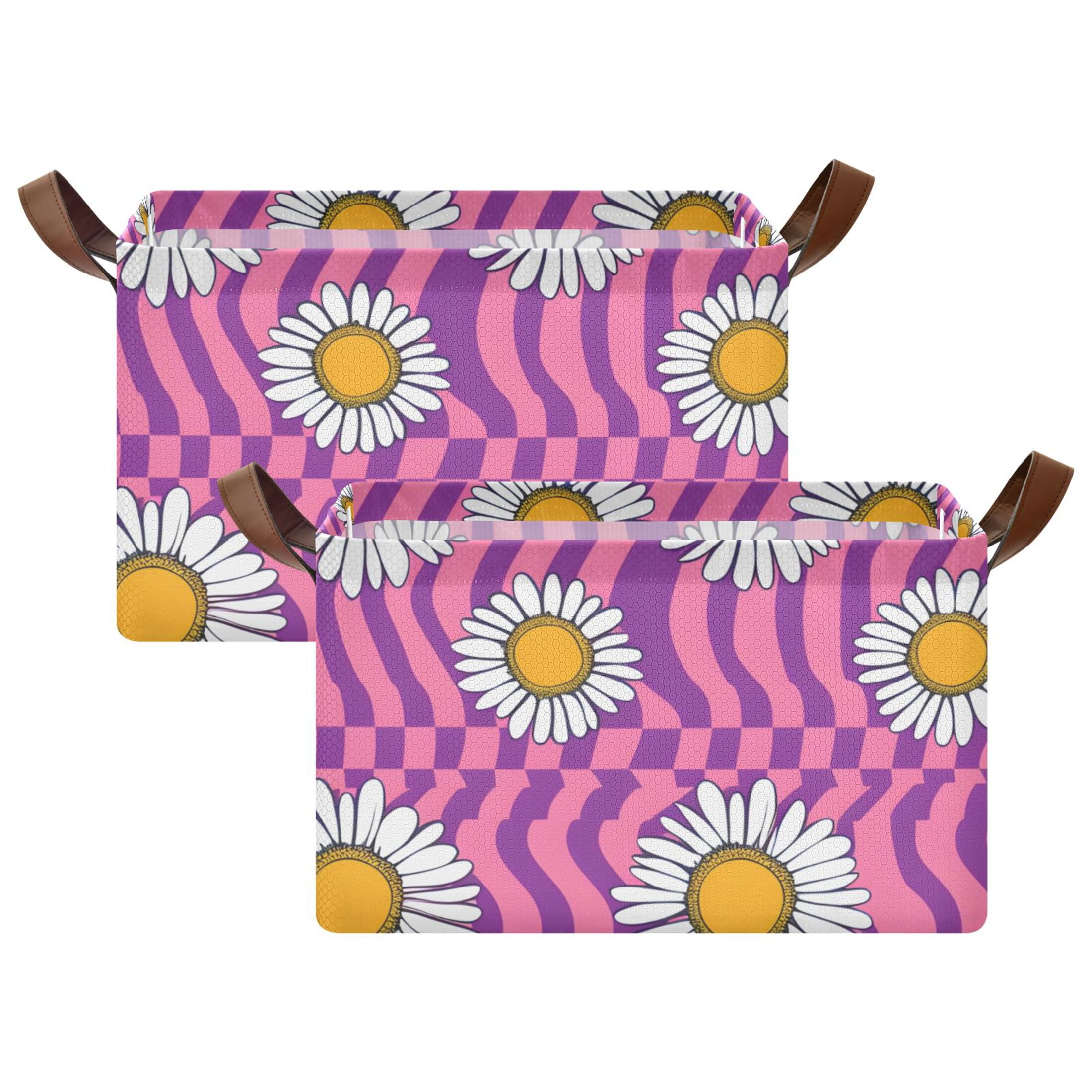 Ryvnso Daisy Flowers on Pink Check Storage Bins Large Basket Foldable ...