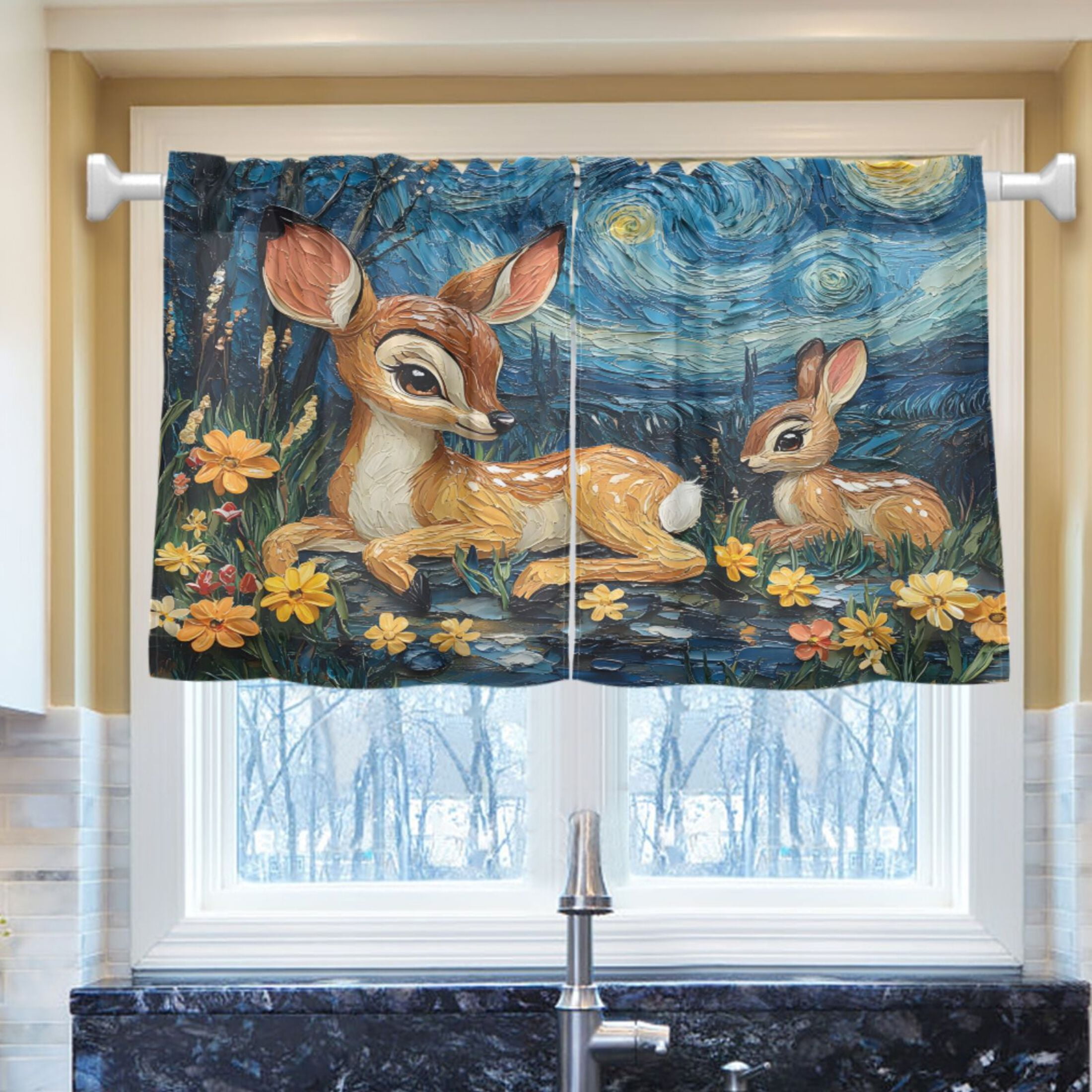 Ryvnso Deer Starry Night Half Curtains Sets Tier 2 Panels Short Curtain ...