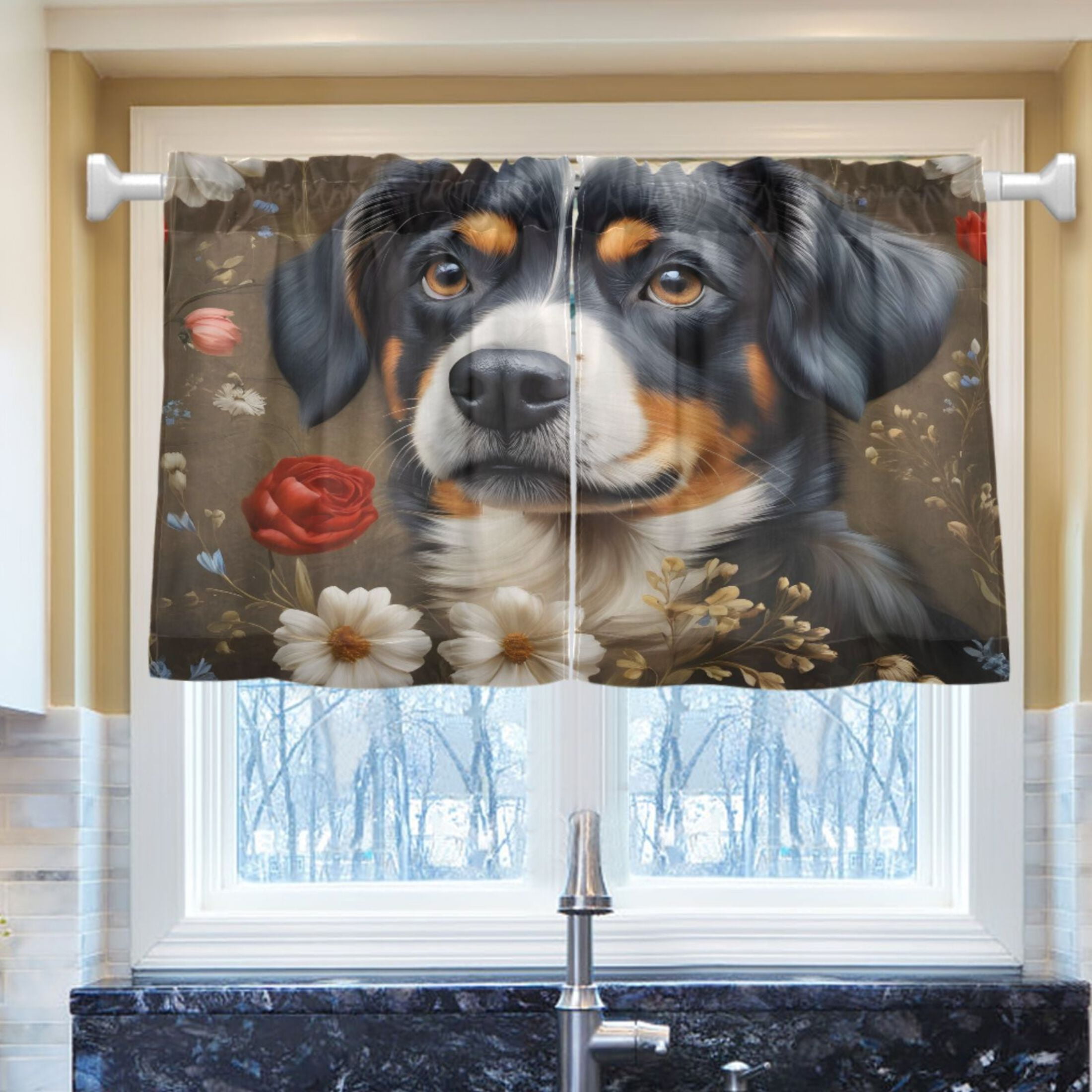 Ryvnso Dog Floral Half Curtains Sets Tier 2 Panels Short Curtain Rod ...