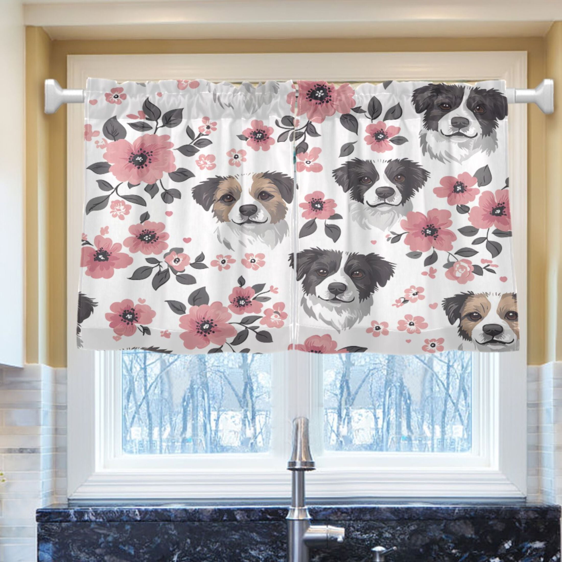 Ryvnso Dog and Flowers Half Curtains Sets Tier 2 Panels Short Curtain ...