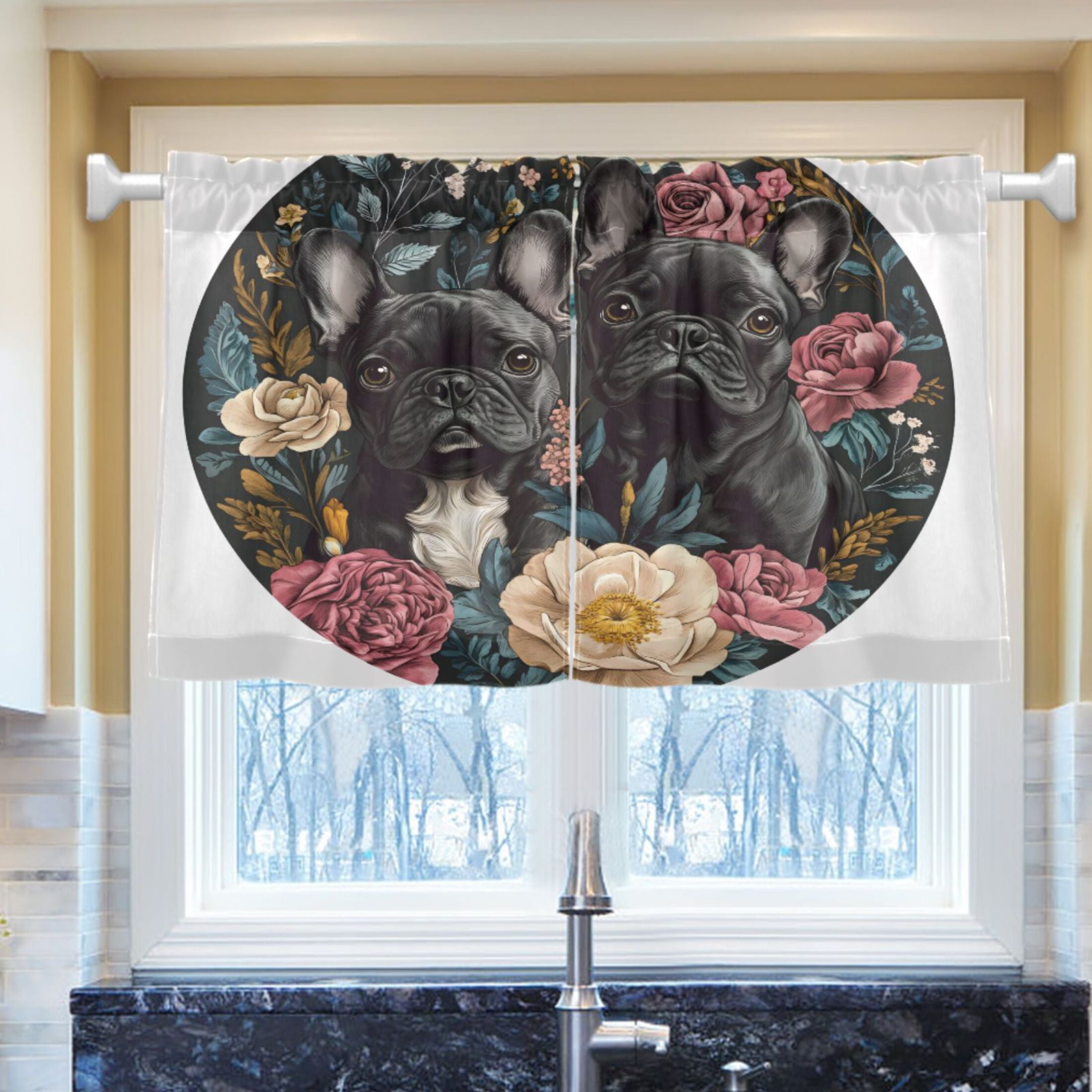 Ryvnso Dogs Flowers Half Curtains Sets Tier 2 Panels Short Curtain Rod ...
