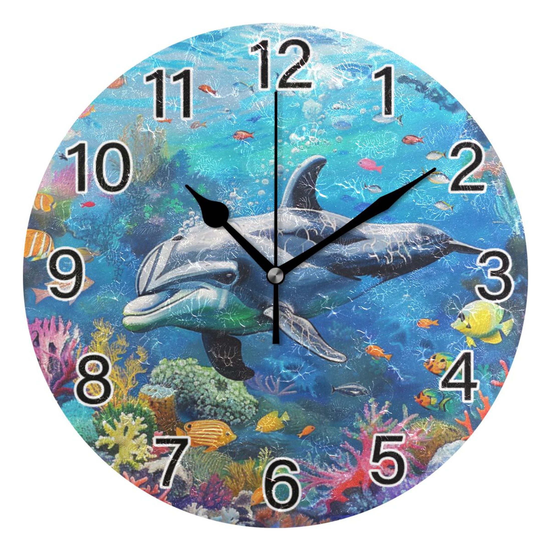 Ryvnso Dolphin and Fish under Sea Wall Clock Non Ticking Silent Kitchen ...