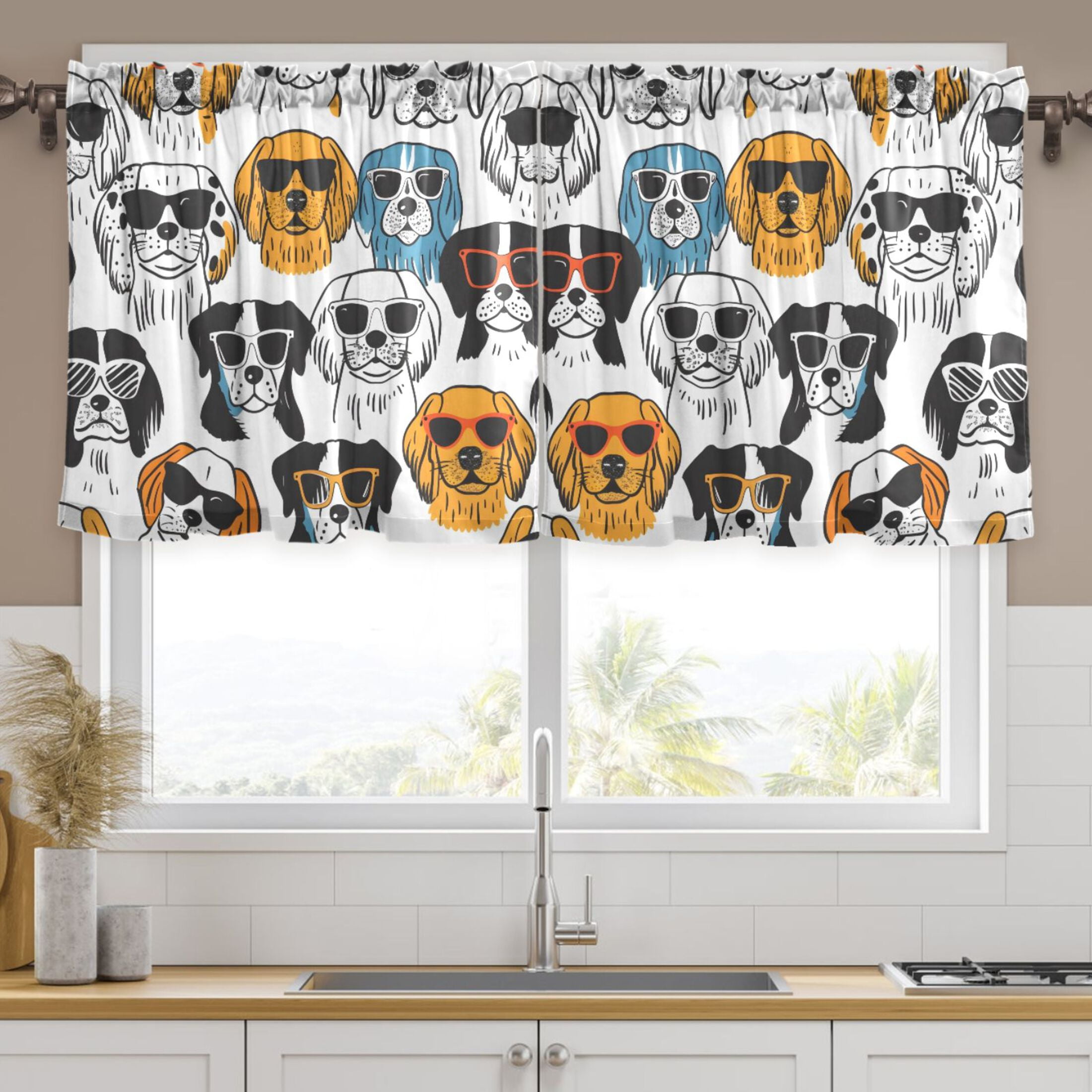 Ryvnso Doodle Dogs in Sunglasses Curtains Sets Short Curtain Rod Pocket ...