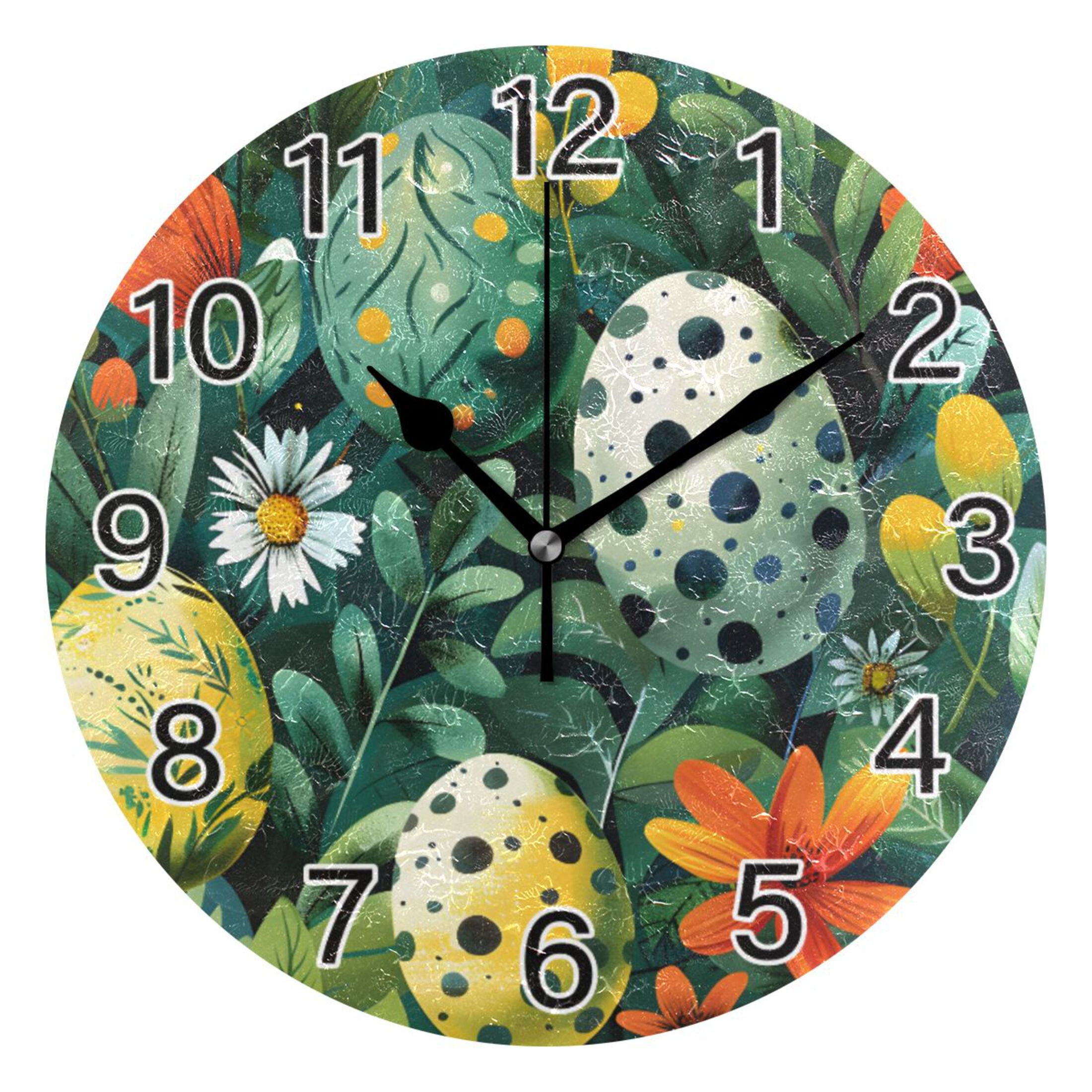 Ryvnso Easter Eggs in Floral Wall Clock Non Ticking Silent Kitchen ...