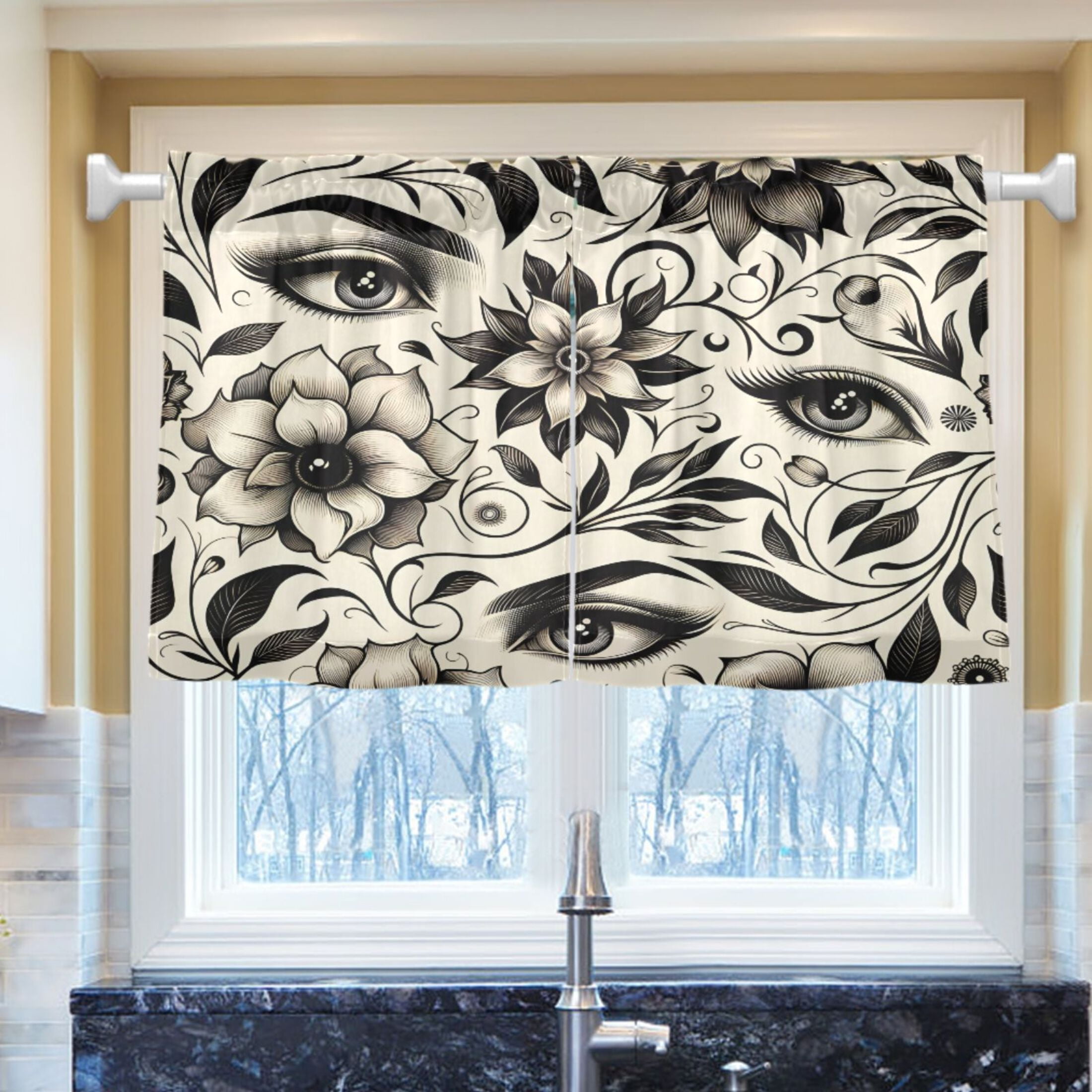 Ryvnso Elegant Eyes with Flower Half Curtains Sets Tier 2 Panels Short ...