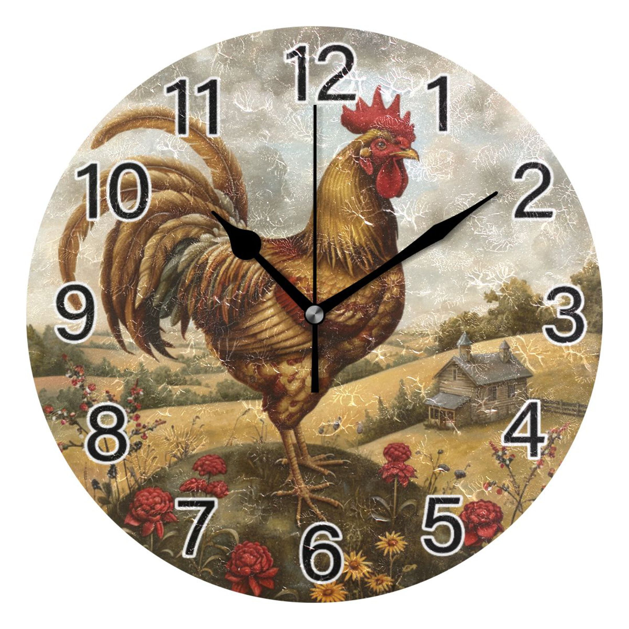 Ryvnso Farmhouse Rooster Flowers Wall Clock Non Ticking Silent Kitchen ...