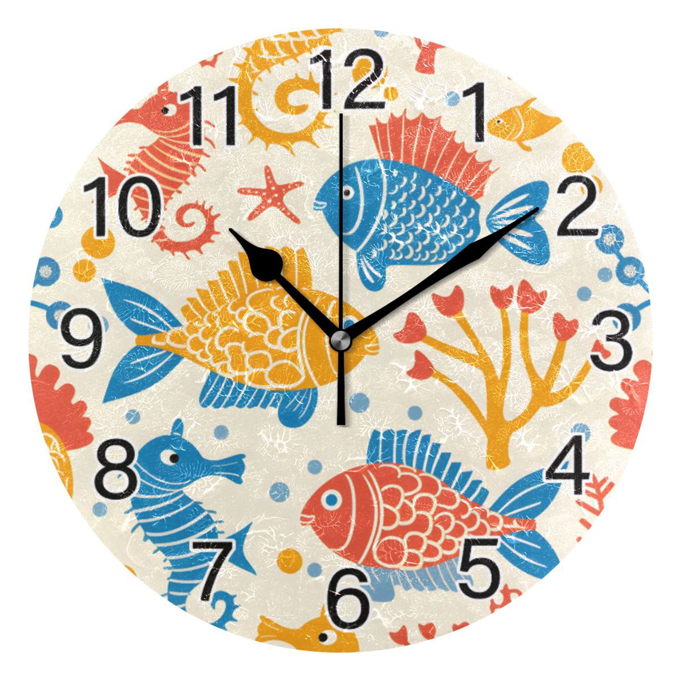 Ryvnso Fish and Seahorse Wall Clock Non Ticking Silent Kitchen Clock ...