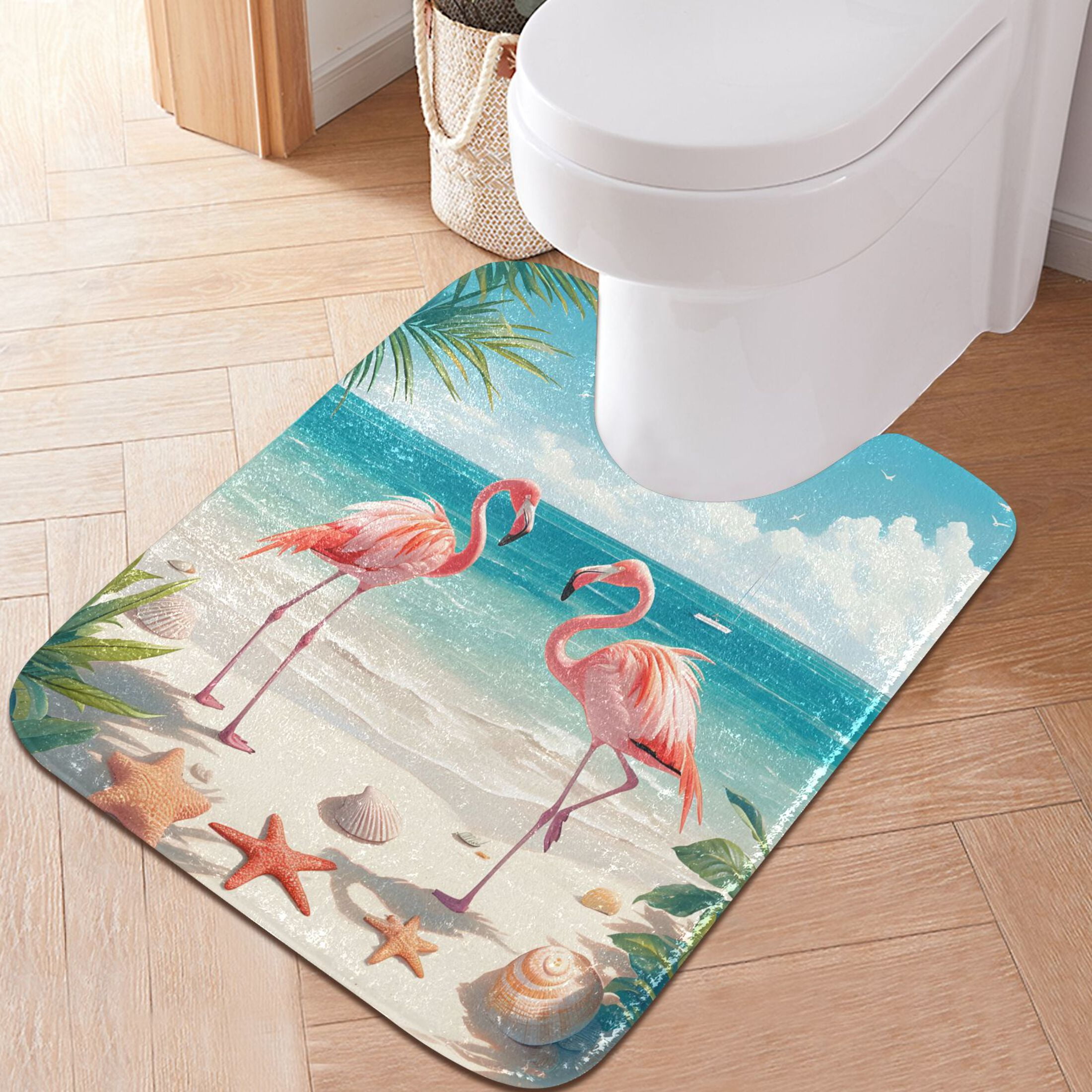 Ryvnso Flamingos and Starfish Shells on Beach Bathroom Shaggy Rugs ...