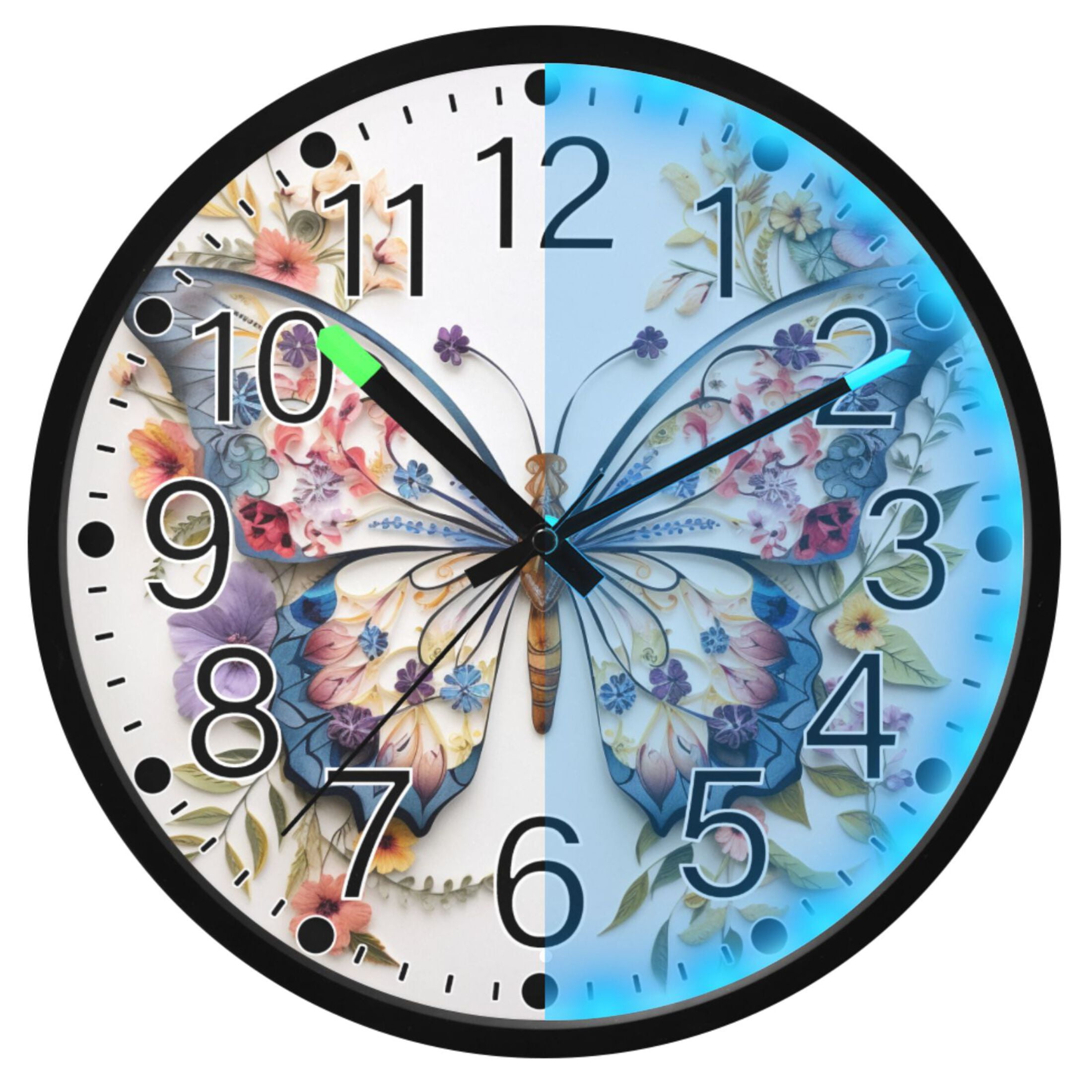 Ryvnso Floral Butterfly 12 Inch Night Light Wall Clock Silent Battery ...