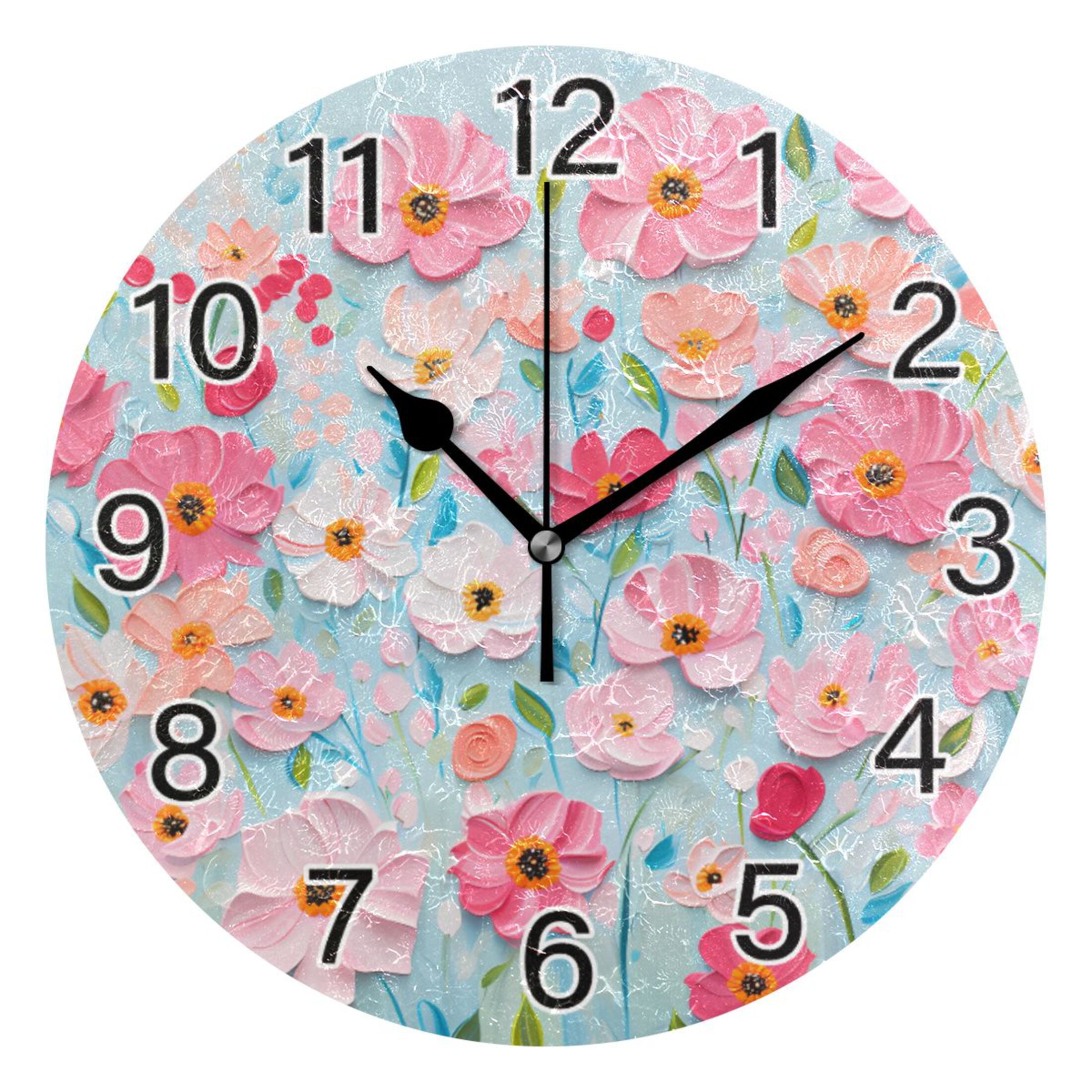 Ryvnso Floral Oil Paint Wall Clock Non Ticking Silent Kitchen Clock ...