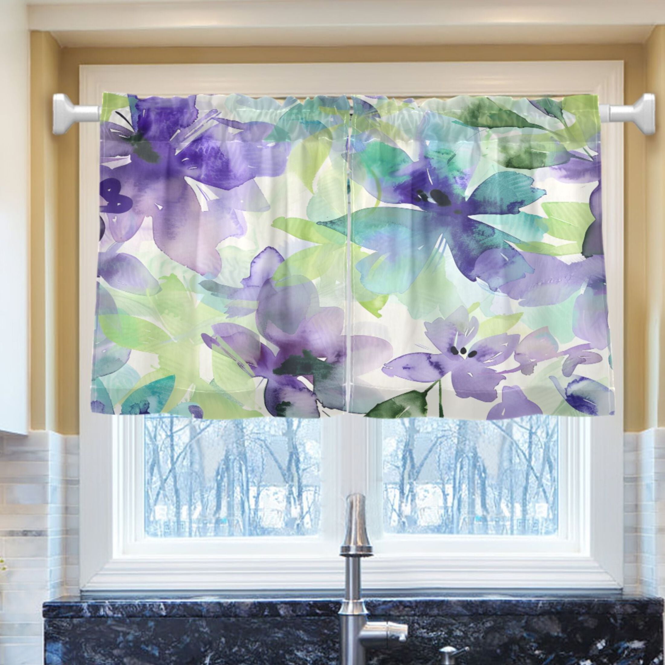 Ryvnso Floral Pattern in Purple Half Curtains Sets Tier 2 Panels Short ...