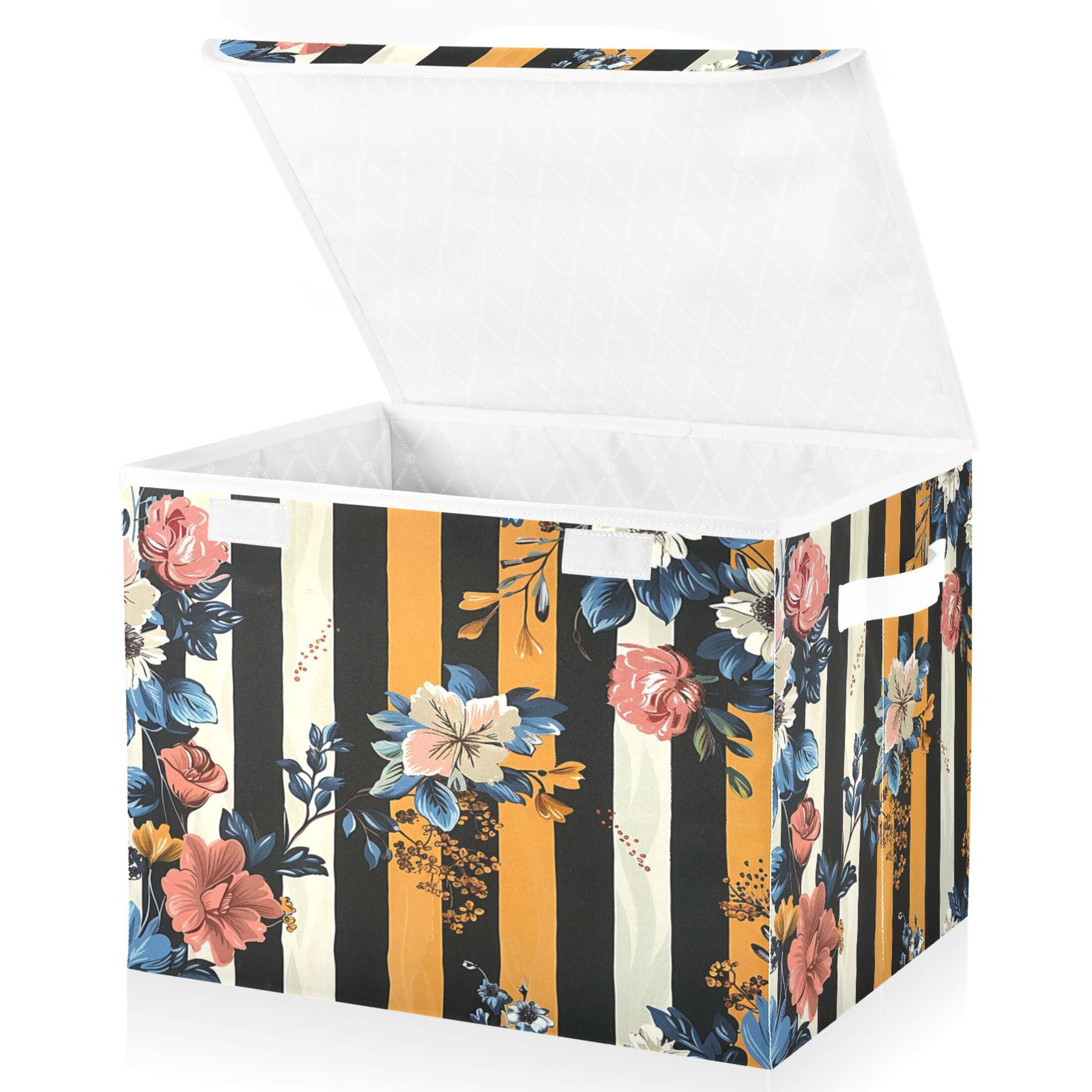 Ryvnso Floral on Stripe Large Lidded Foldable Storage Baskets Cubes ...