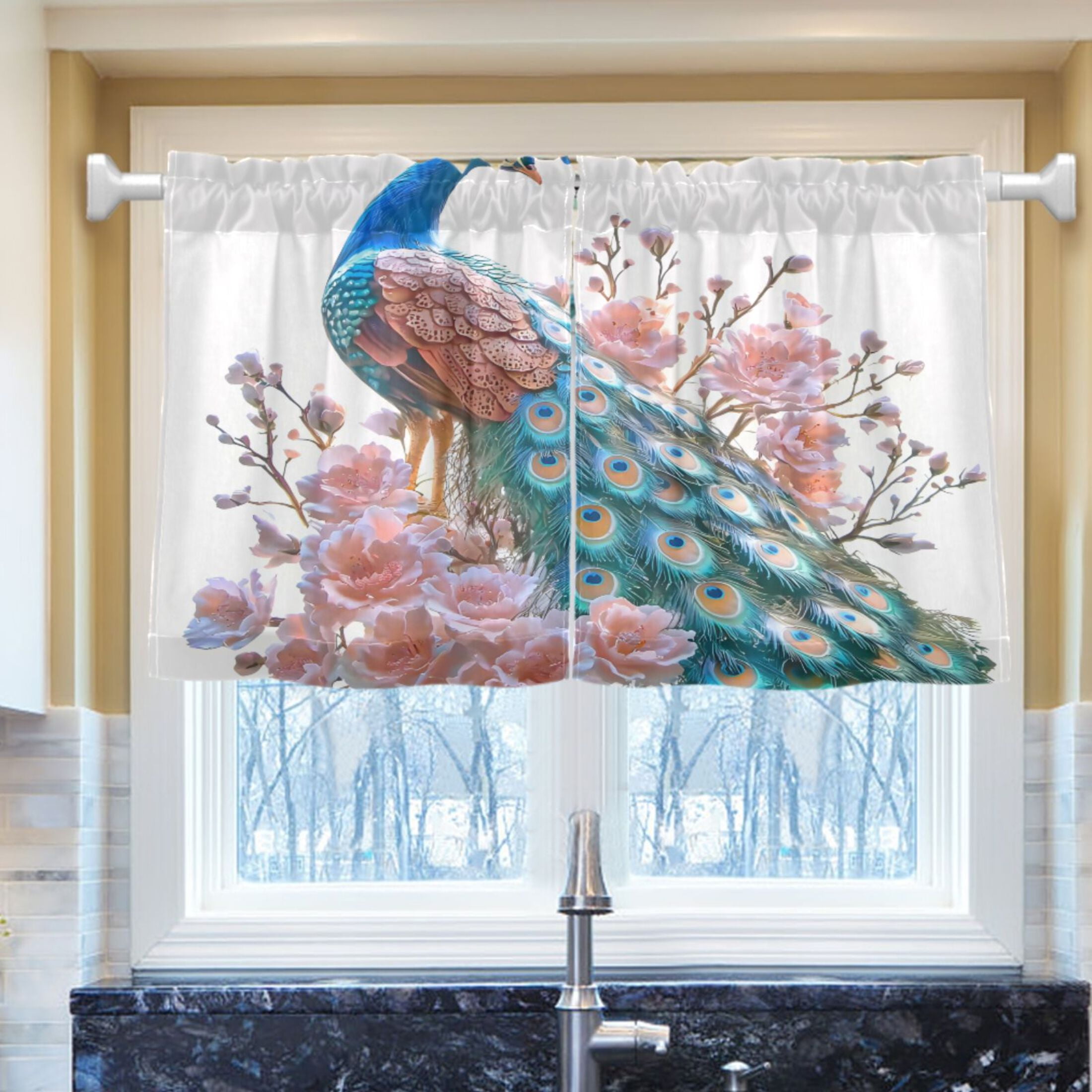 Ryvnso Flower Peacock Half Curtains Sets Tier 2 Panels Short Curtain ...