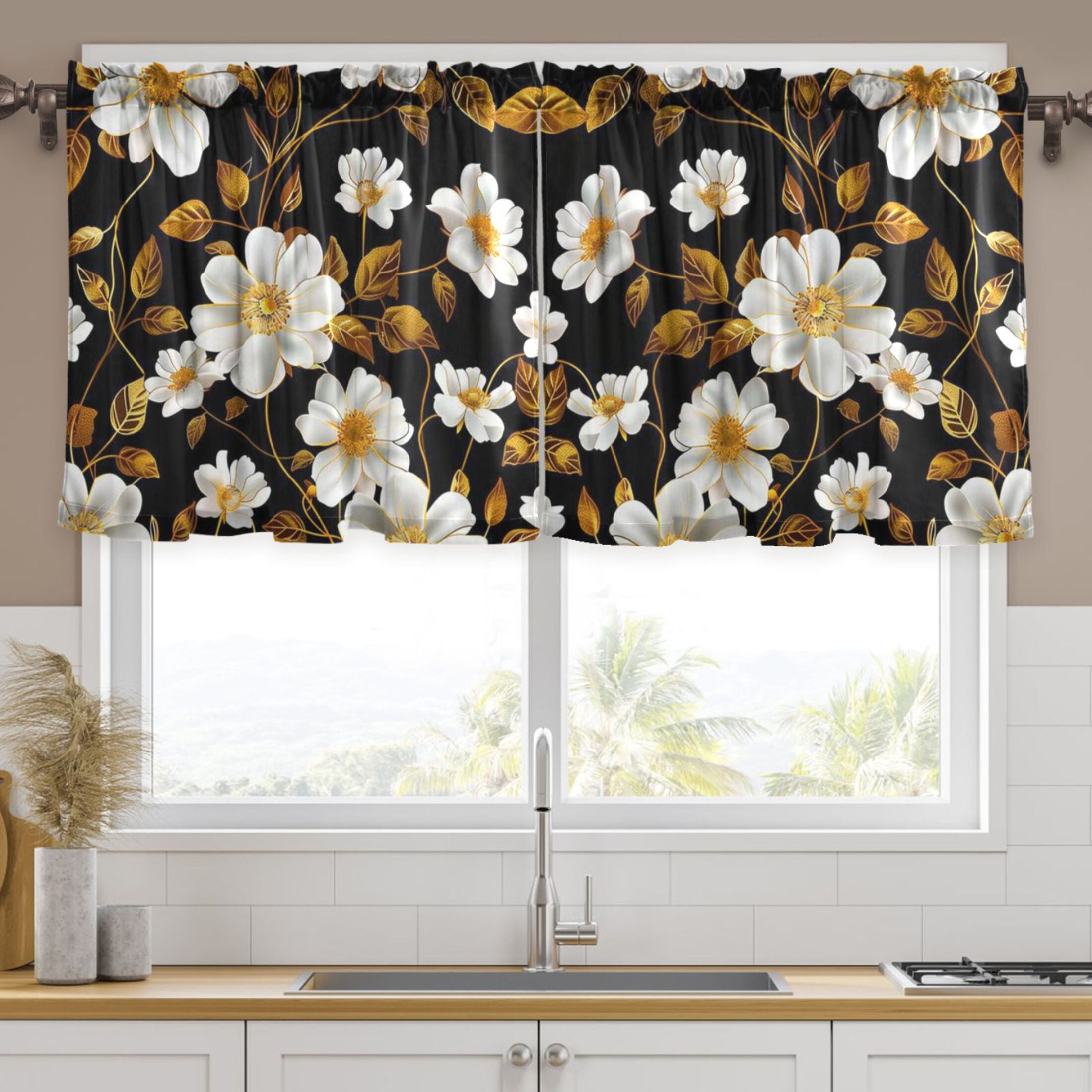 Ryvnso Flower with Golden Leaves Curtains Sets Short Curtain Rod Pocket ...