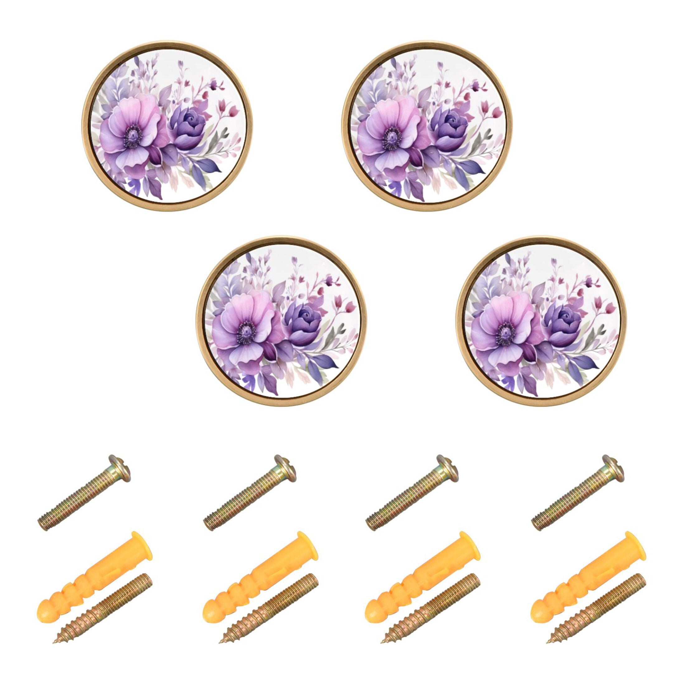 Ryvnso Flowers Purple Cabinet Knobs Kitchen Door Round Pulls Drawers ...