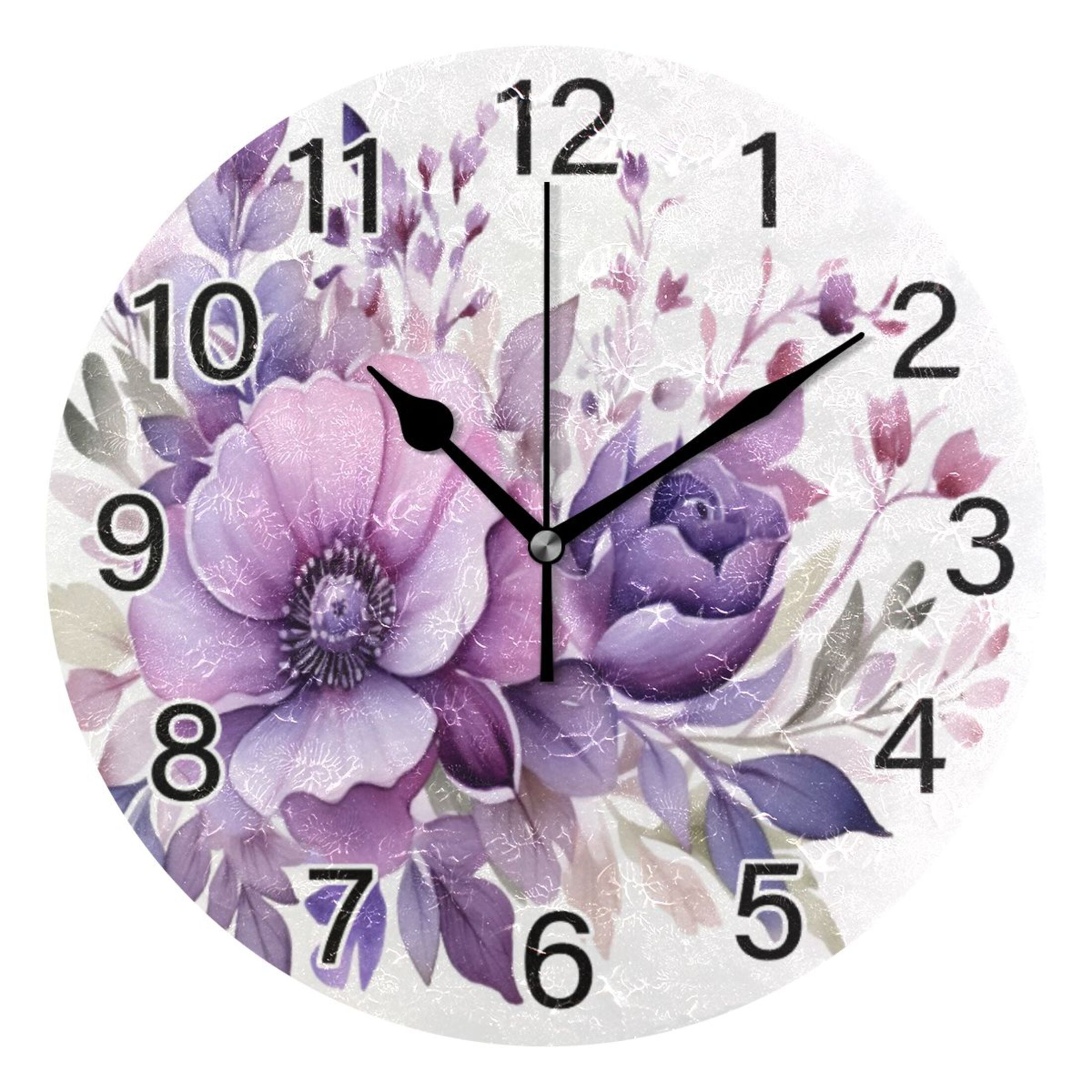 Ryvnso Flowers Purple Wall Clock Non Ticking Silent Kitchen Clock ...