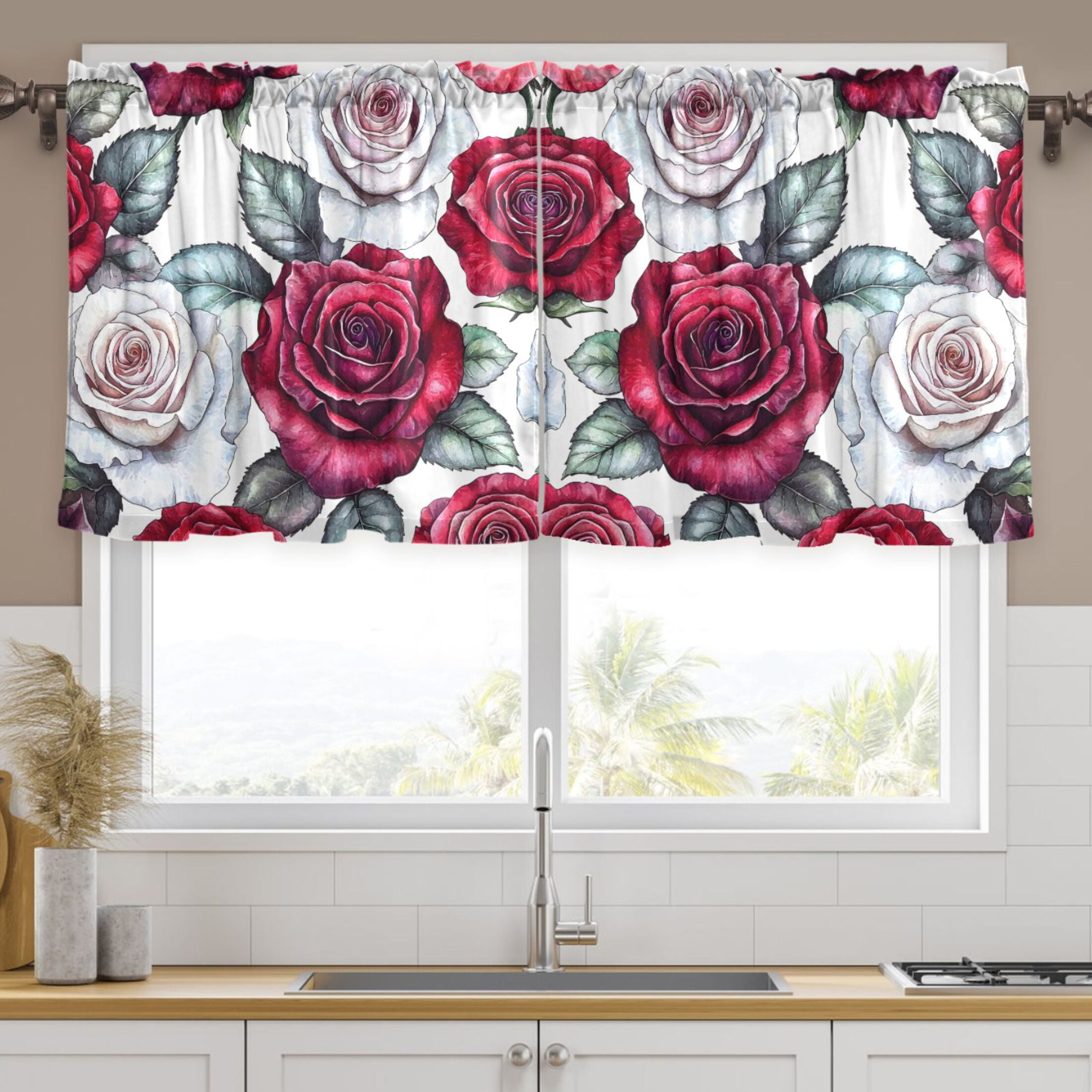 Ryvnso Flowers Roses Curtains Sets Short Curtain Rod Pocket Half Window ...