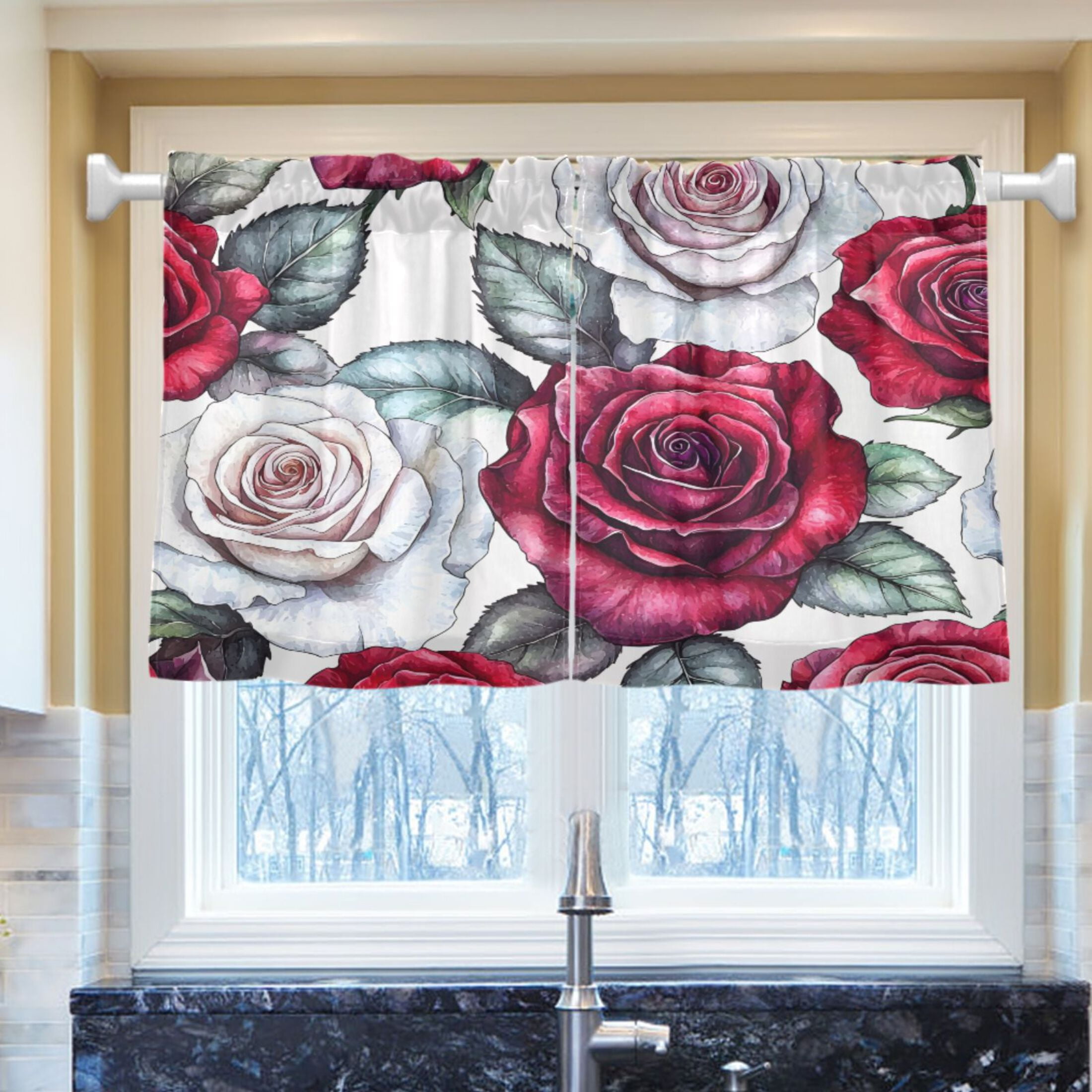 Ryvnso Flowers Roses Half Curtains Sets Tier 2 Panels Short Curtain Rod ...